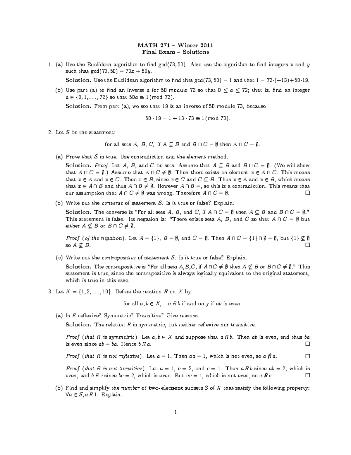 W11-Final-Solutions - PAST EXAM - MATH 271 – Winter 2011 Final Exam ...