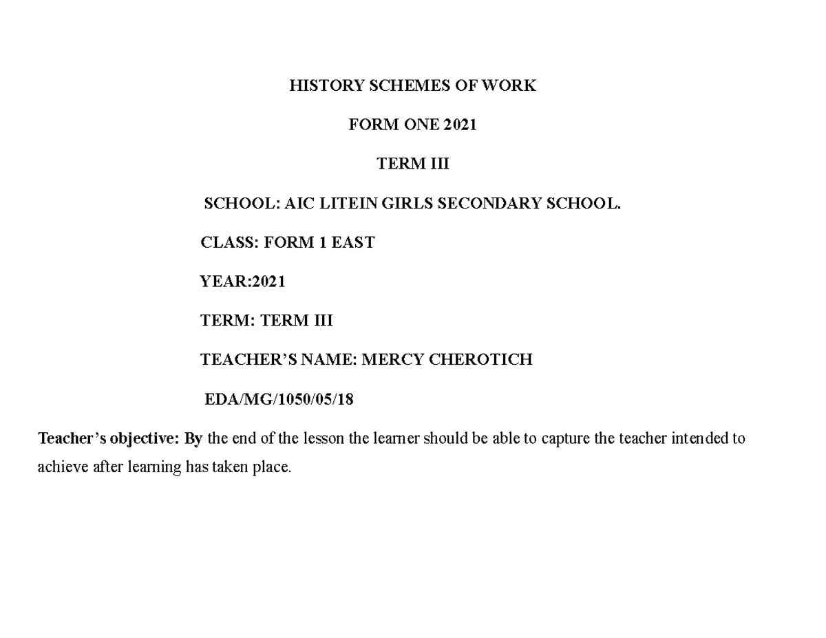 MY Scheme OF WORK - Class work - HISTORY SCHEMES OF WORK FORM ONE 2021 ...