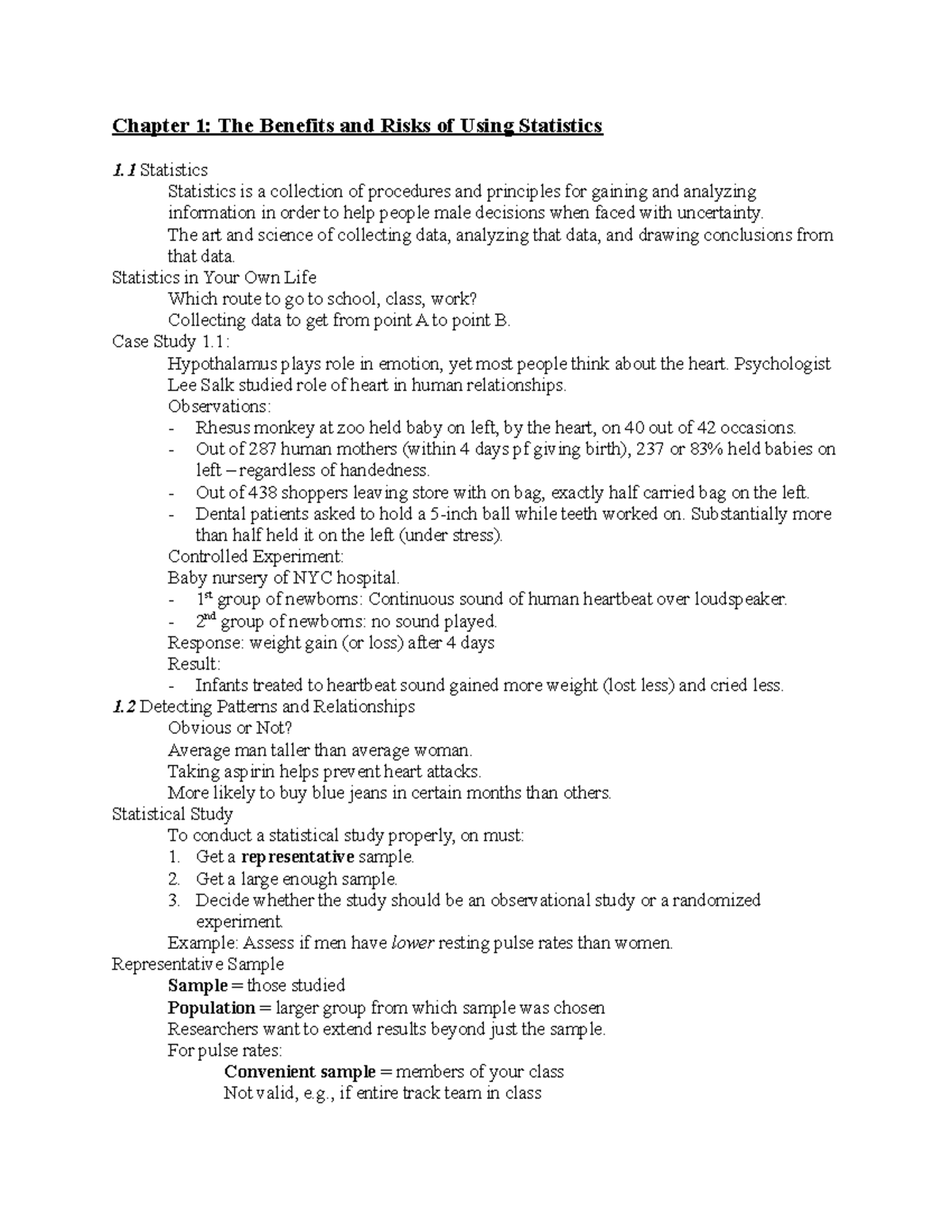 Stat 100 Notes - Chapter 1: The Benefits and Risks of Using Statistics ...