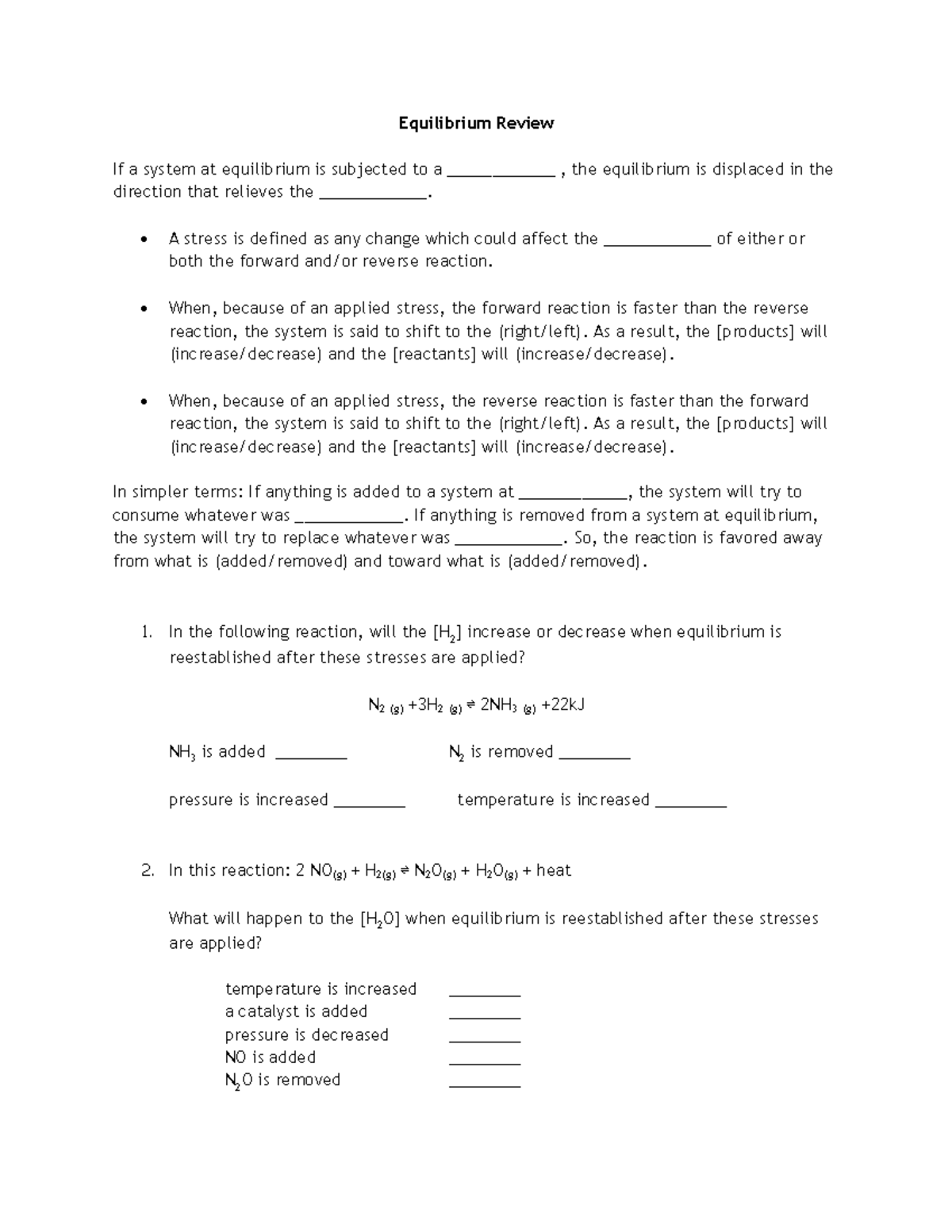 Equilibrium Review Worksheet - Equilibrium Review If a system at ...