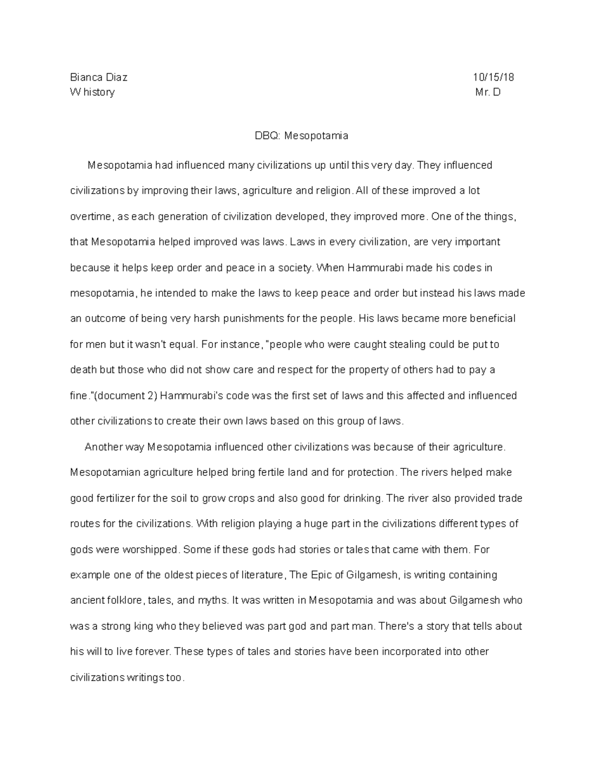 Mesopotamia DBQ Bianca Diaz - Bianca Diaz 10/15/ W history Mr. D DBQ ...
