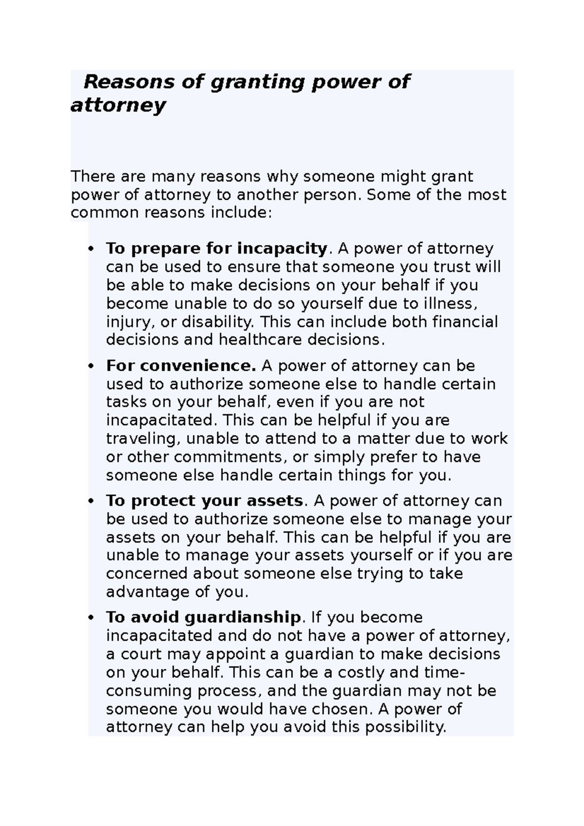 Reasons of granting power of attorney - Reasons of granting power of ...