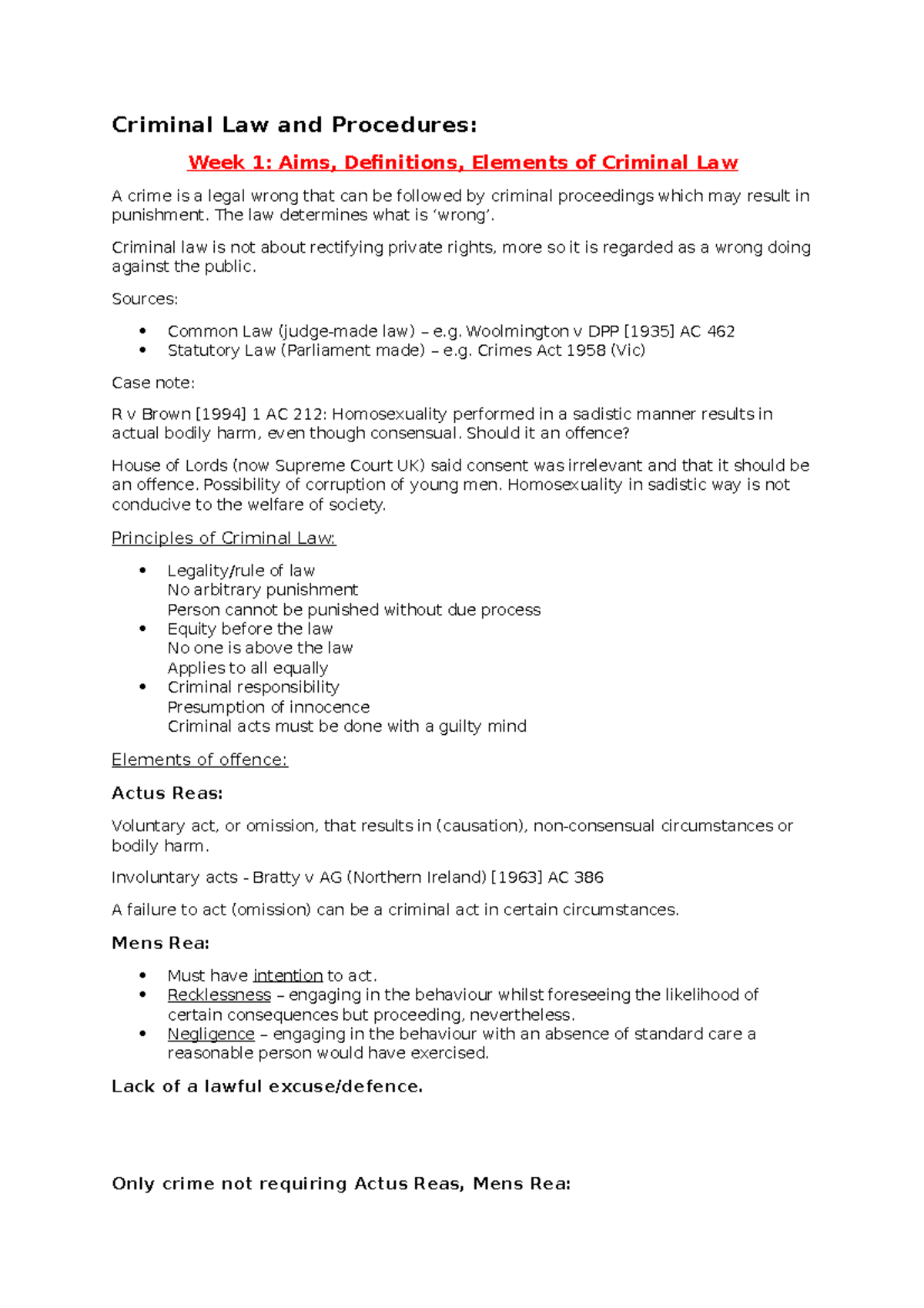 Criminal Law - Weekly Notes - Criminal Law and Procedures: Week 1: Aims ...