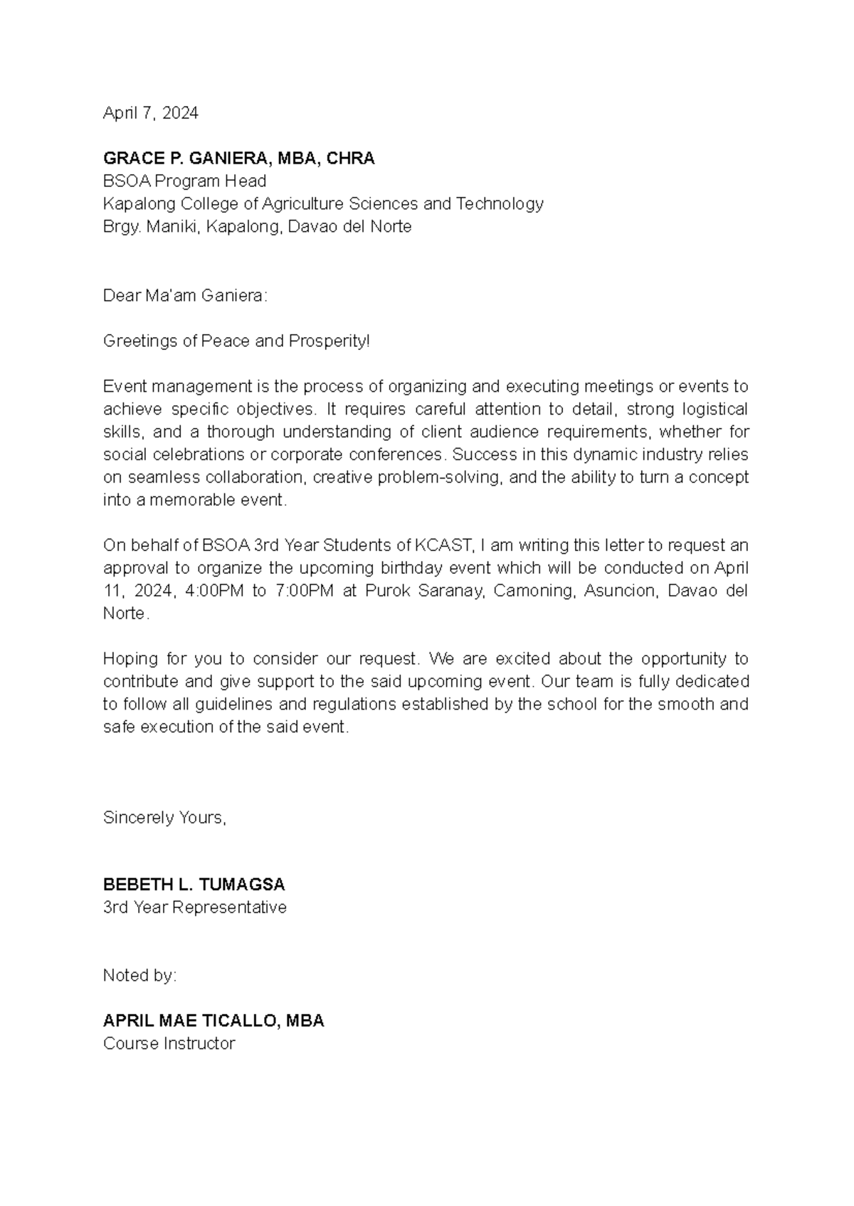 Approval Letter - to copy - April 7, 2024 GRACE P. GANIERA, MBA, CHRA ...