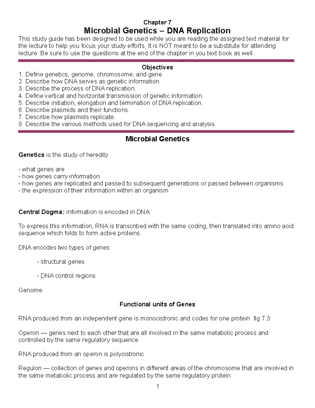 Ch 7 DNA replication - lecture outline chapter 7 - Chapter 7 Microbial ...