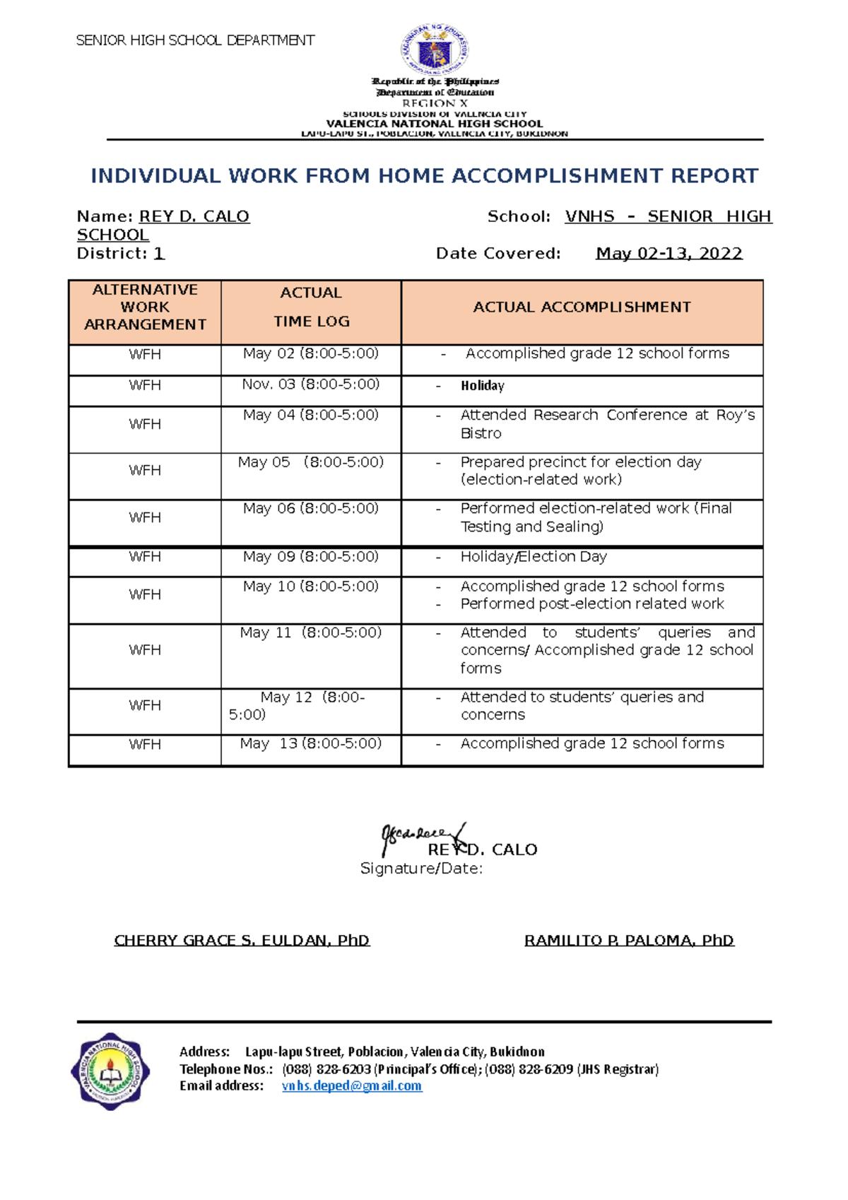 Idlar CALO MAY 2022 - Accomplishment - INDIVIDUAL WORK FROM HOME ...