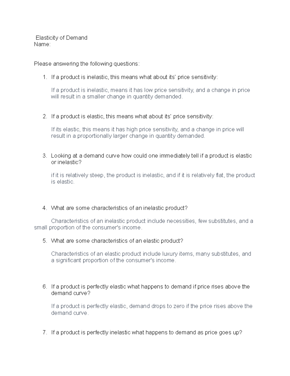 Copy of Elasticity of Demand - Elasticity of Demand Name: Please ...