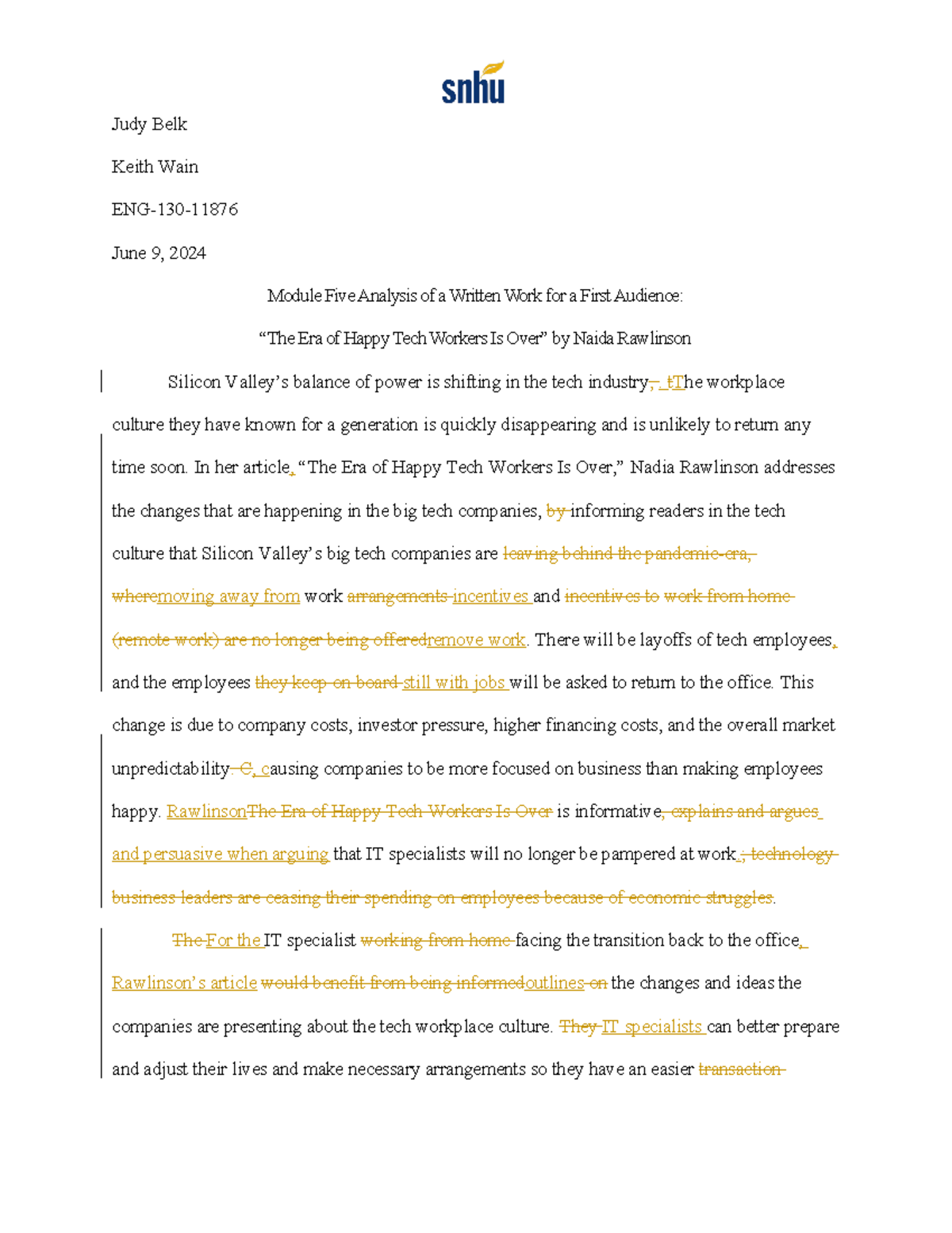 Corrected ENG 130 Module Five Analysis of a Written Work for a First ...