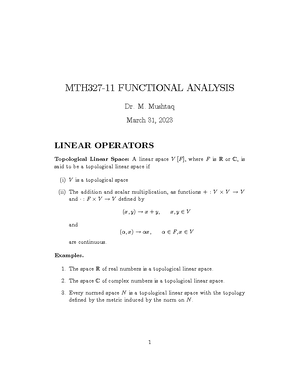 MTH327 FA Lect-10 Compact Normed Spaces - MTH327-10 FUNCTIONAL ANALYSIS Dr. M. Mushtaq March 27 ...
