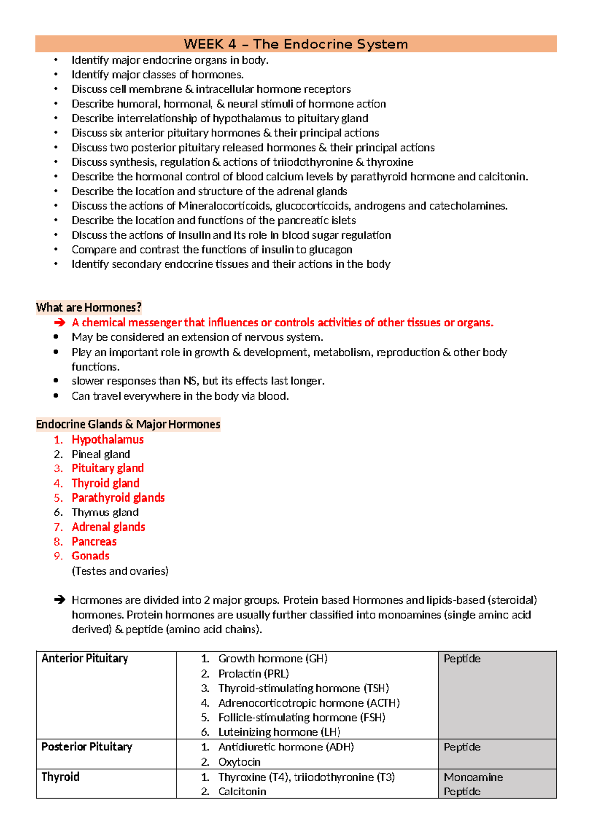 Endocrine System - WEEK 4 – The Endocrine System Identify major ...