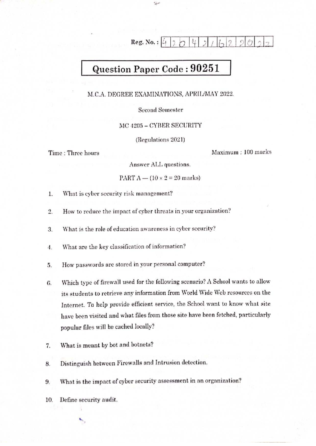 Anna uni previous qn paper CCT & CS - Reg. No.: 420421622022 Question ...