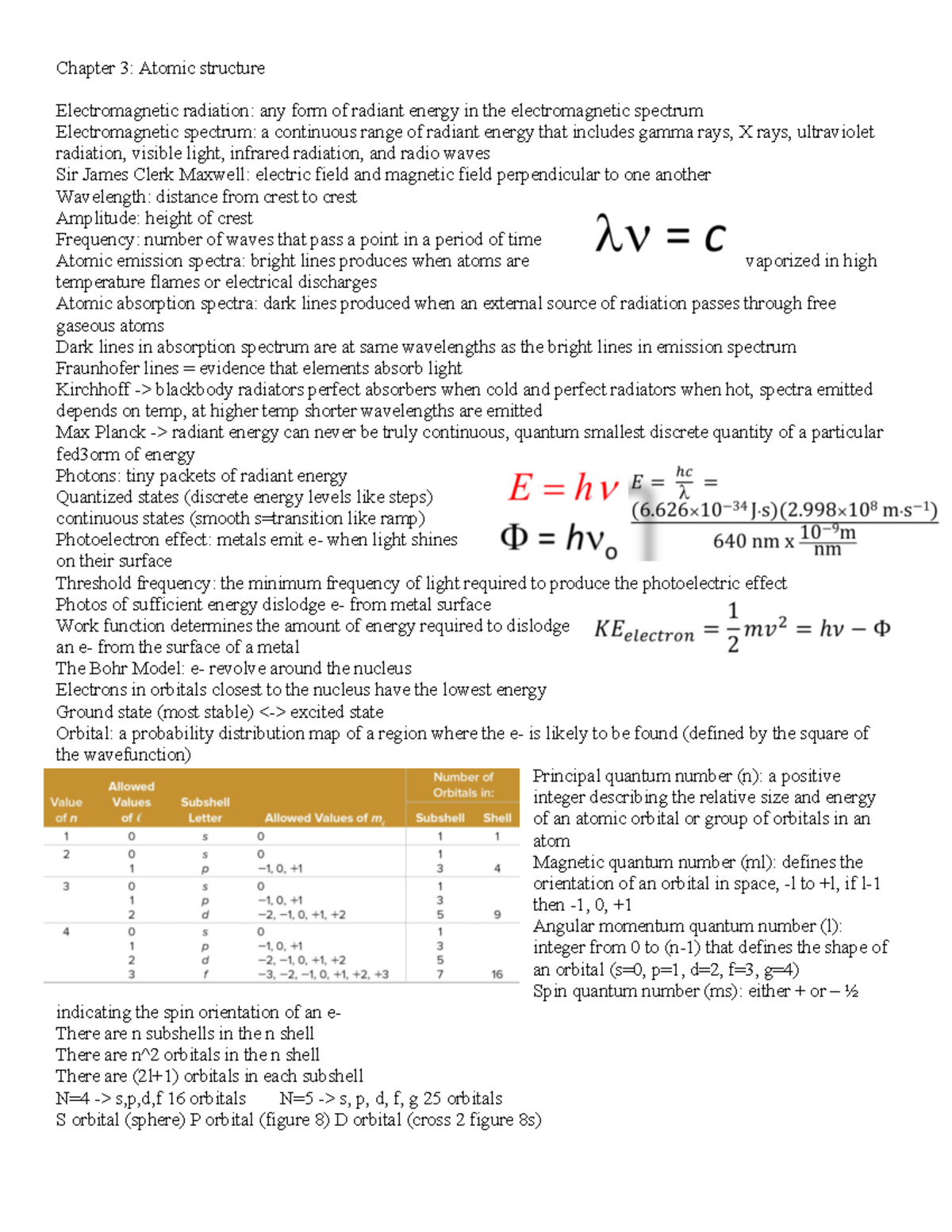 Chapters 3-6 notes - Chapter 3: Atomic structure Electromagnetic ...