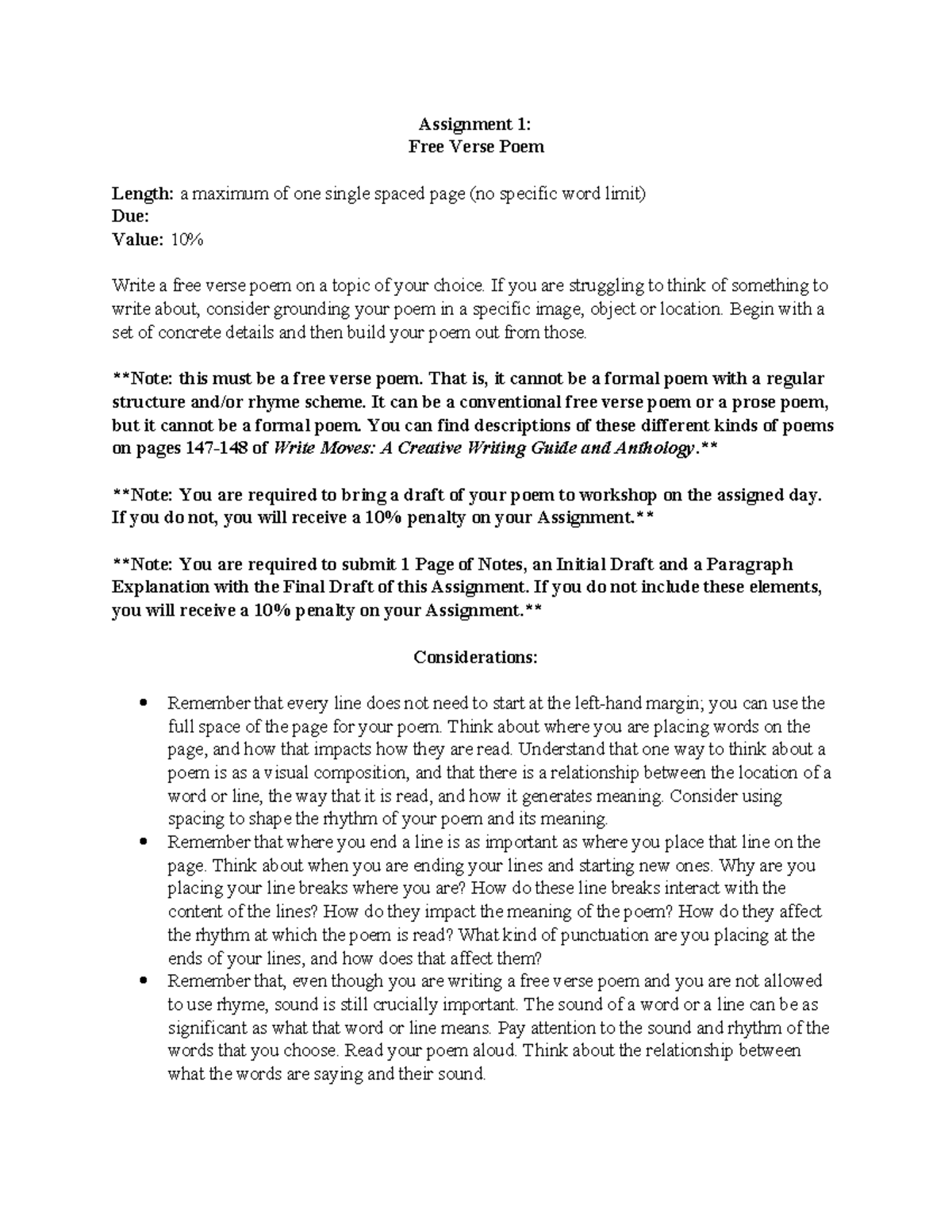 Assignment 1 Free Verse Poem - Assignment 1: Free Verse Poem Length: a ...