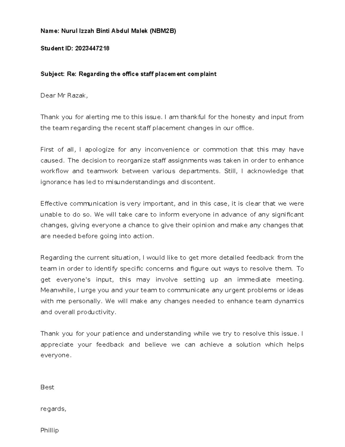 LCC 503 Complaint Email- Izzah - Name: Nurul Izzah Binti Abdul Malek ...