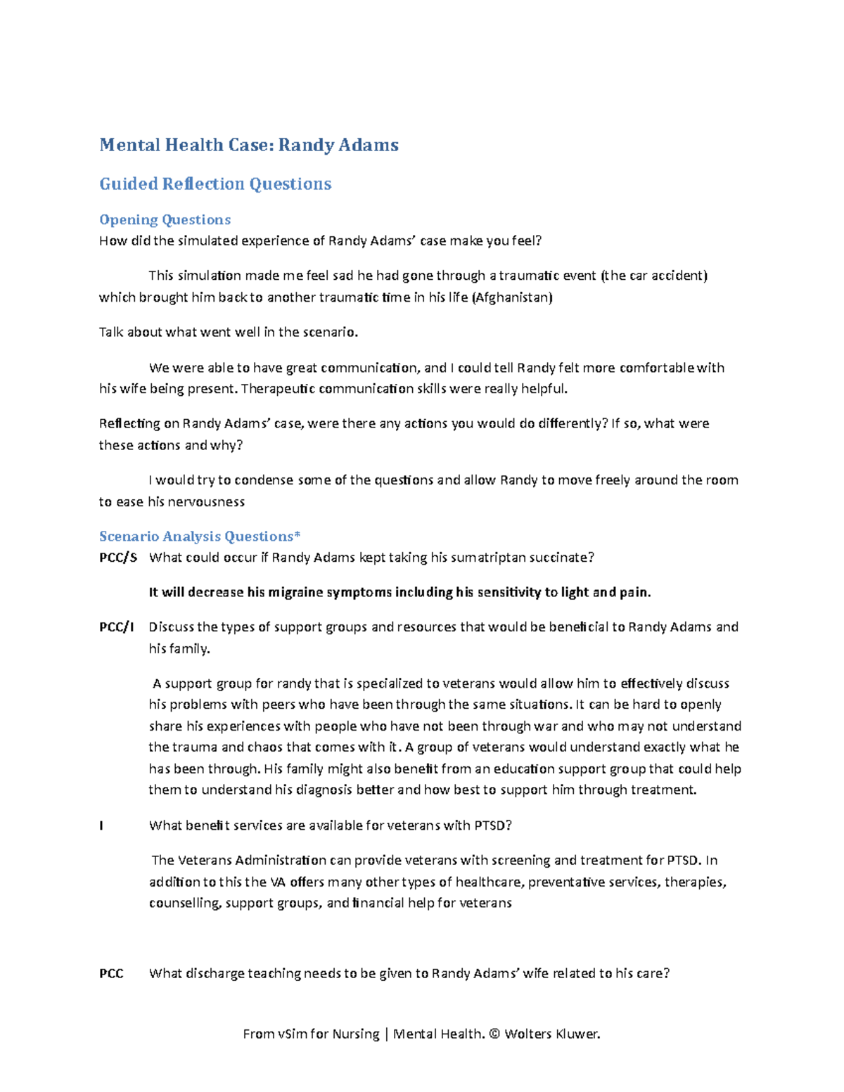 Mental Health Randy Adams GRQ - Mental Health Case: Randy Adams Guided Reflection Questions ...