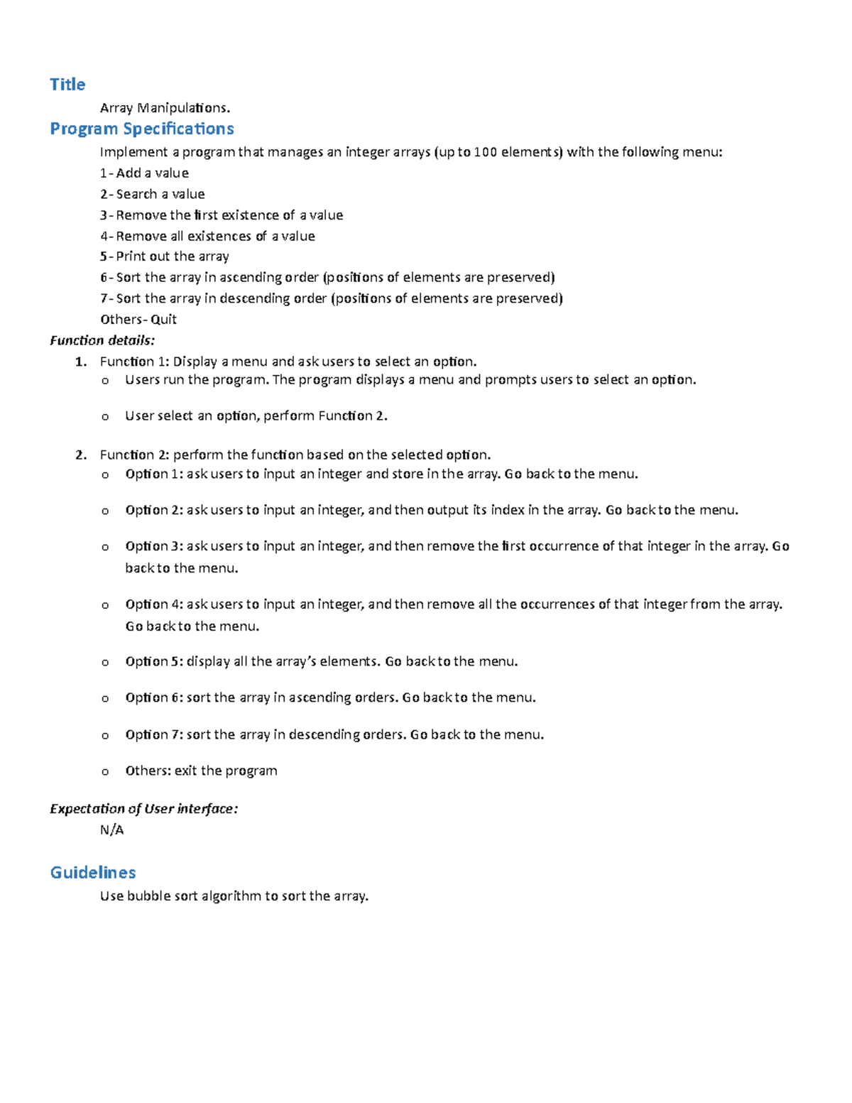 ASM - xvxbcvb - Title Array Manipulations. Program Specifications ...