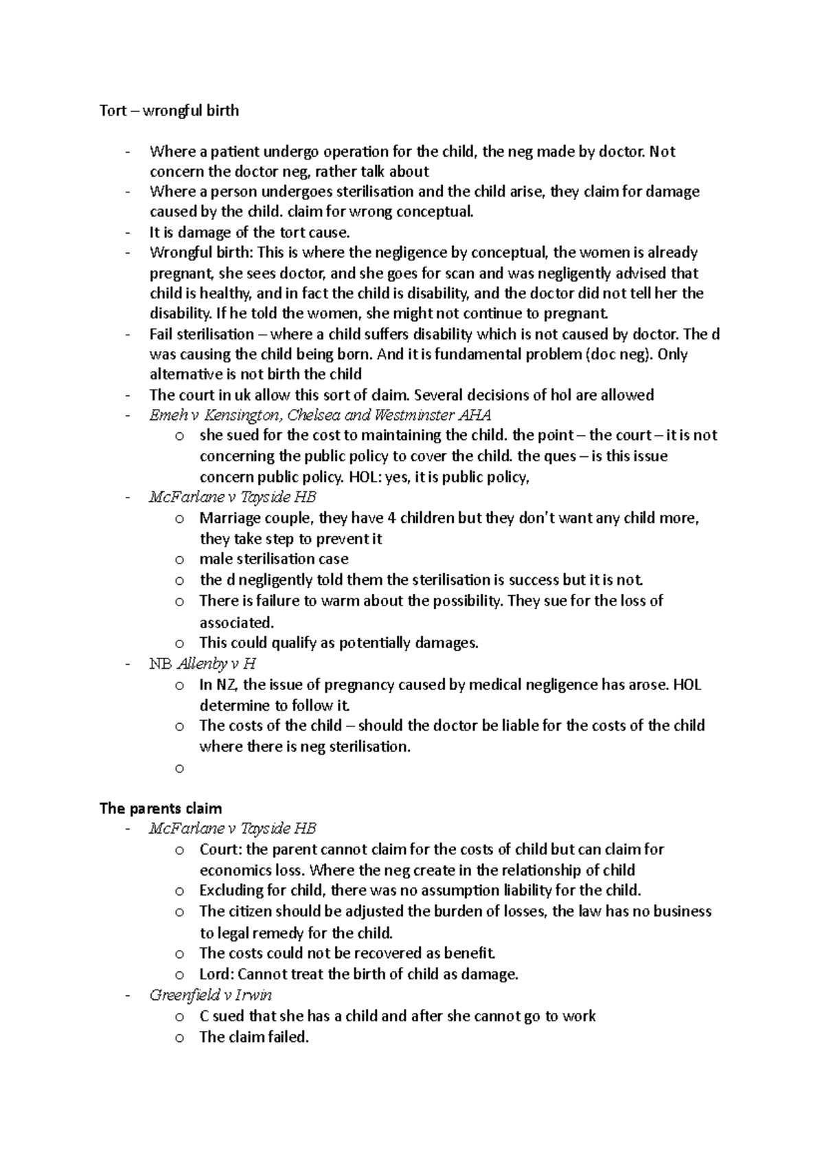 Tort - Wrongful birth - Tort – wrongful birth Where a patient undergo ...