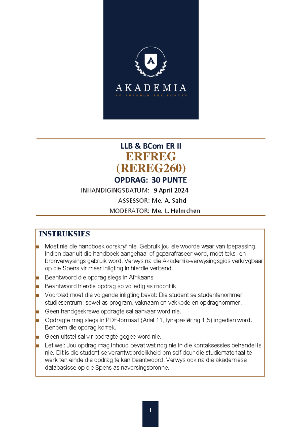 Rerer 260 opdrag 1 - Law - 1 LLB & BCom ER II ERFREG (REREG 260 ...