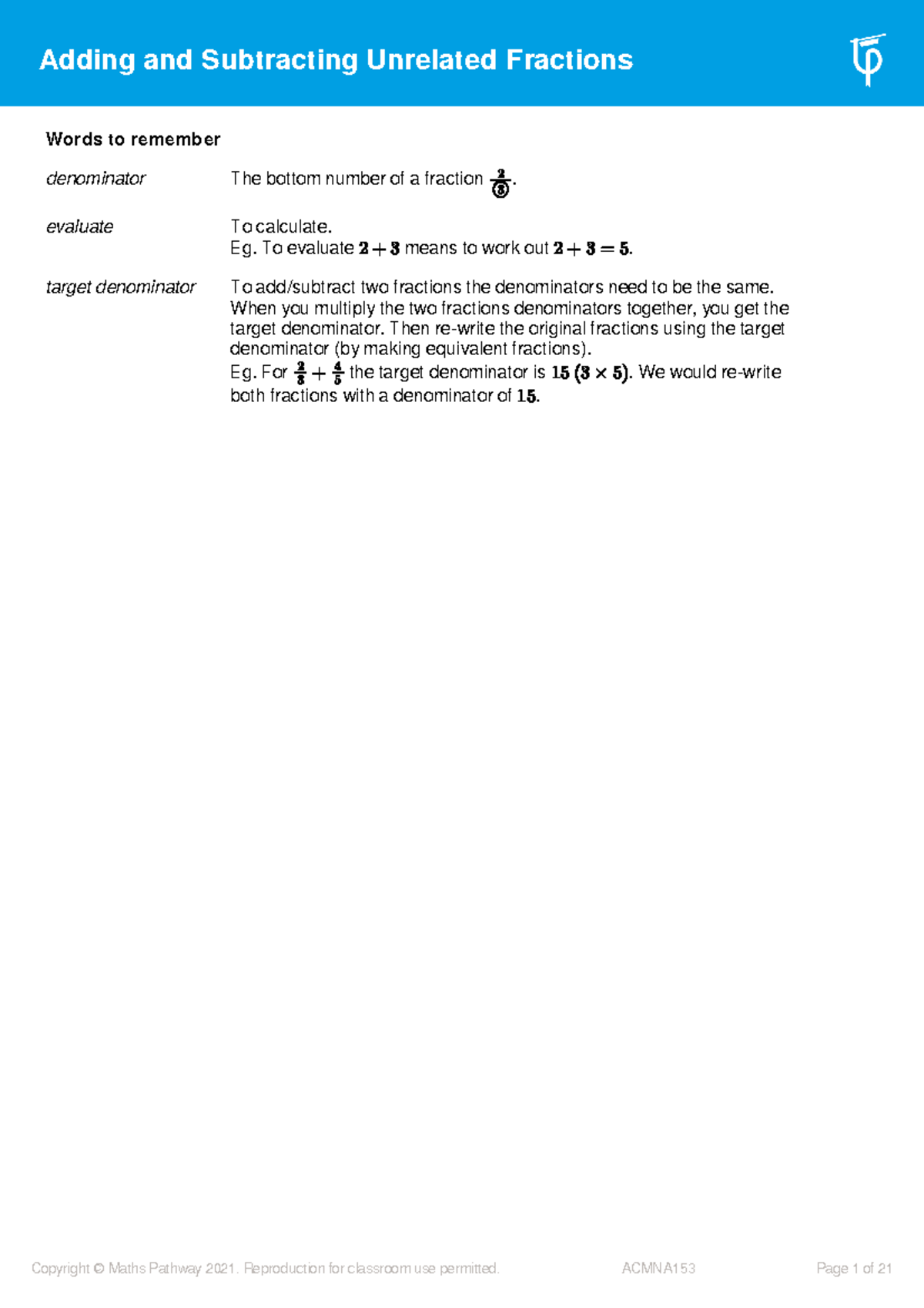 Adding and Subtracting Unrelated Fractions - Words to remember ...