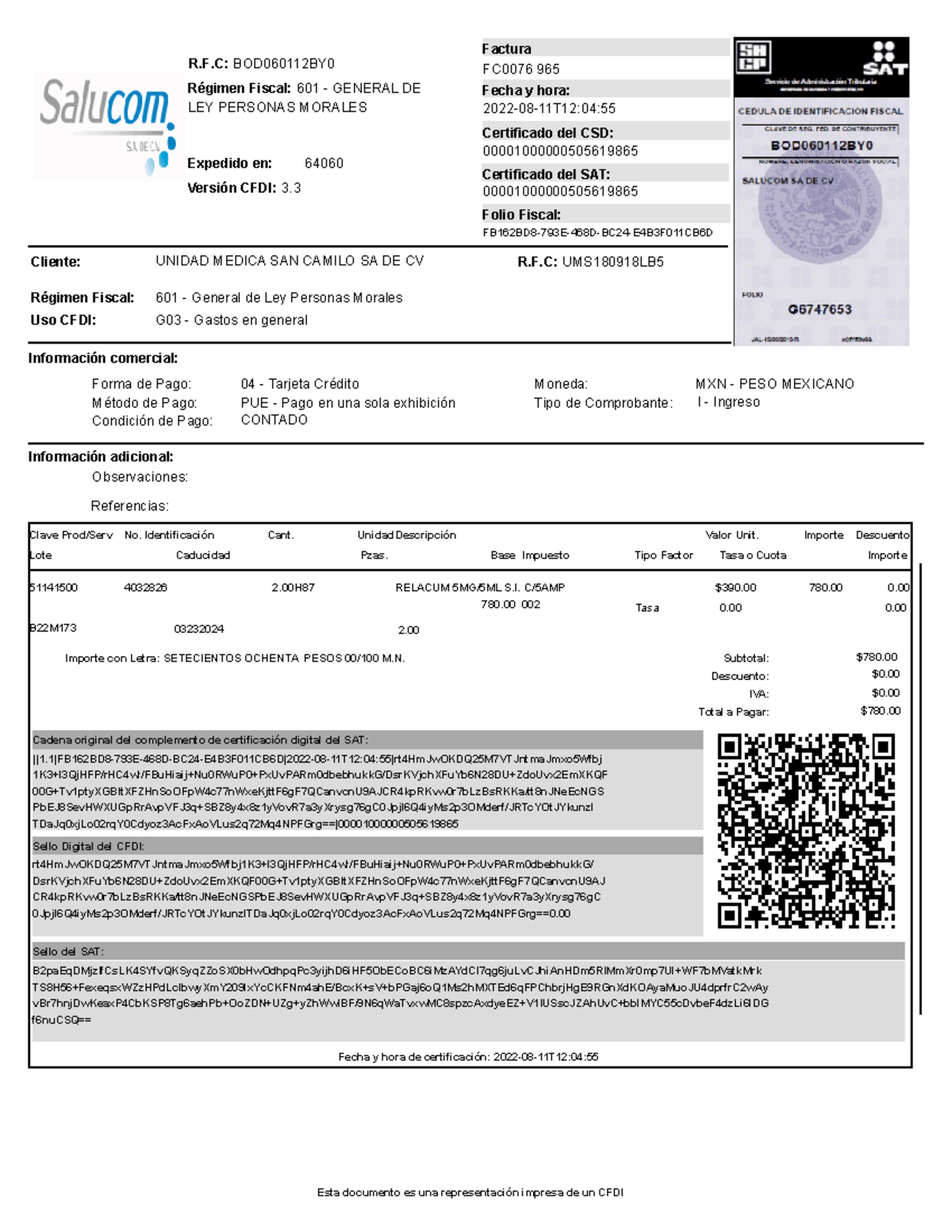 P PDF CFDI FC007600000965 - Régimen Fiscal: 601 - GENERAL DE LEY ...