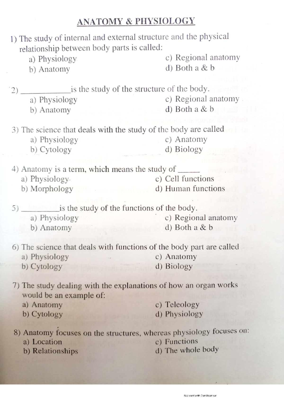 DPT - 1st Year - Anatomy and Physiology - MCQs - anatomy - Studocu