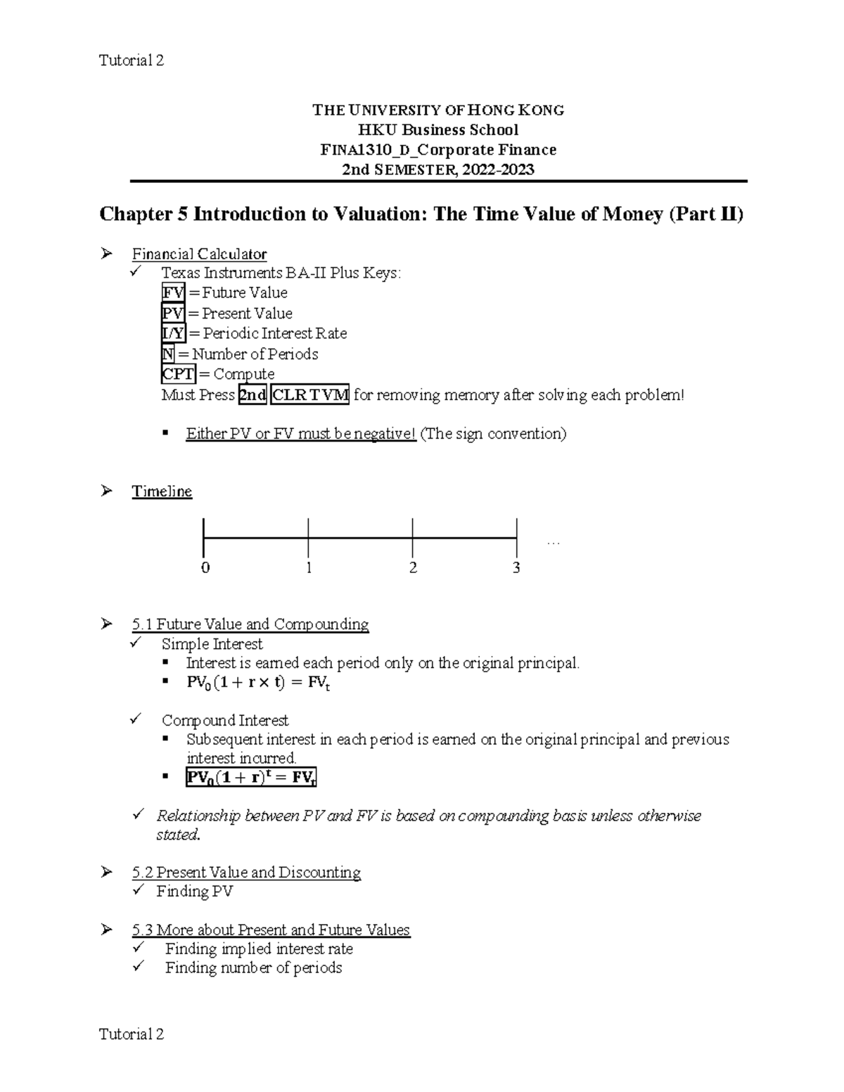 FINA1310 JKL - Tutorial 2 - THE UNIVERSITY OF HONG KONG HKU Business ...