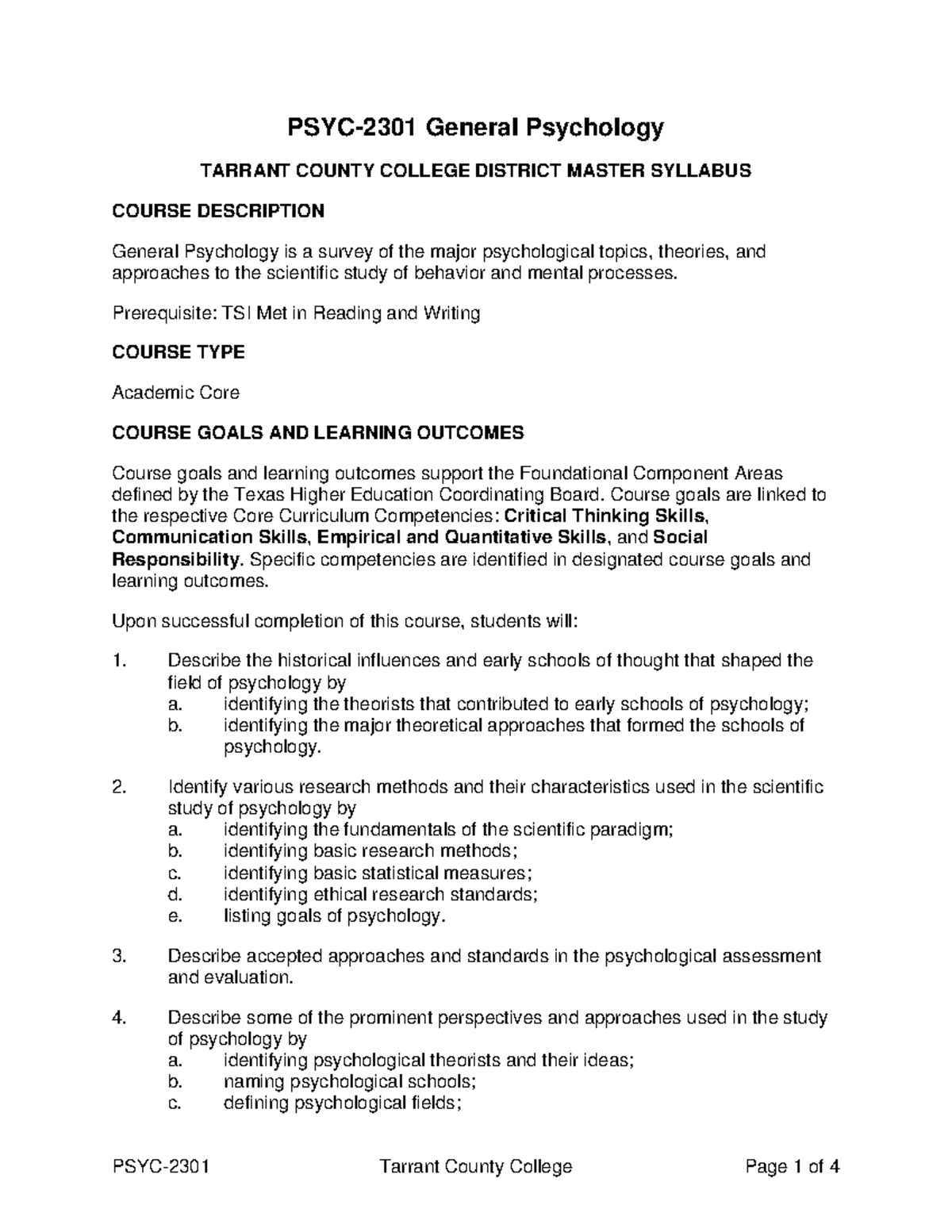 Display Syll - Psychology course - PSYC-2301 General Psychology TARRANT ...