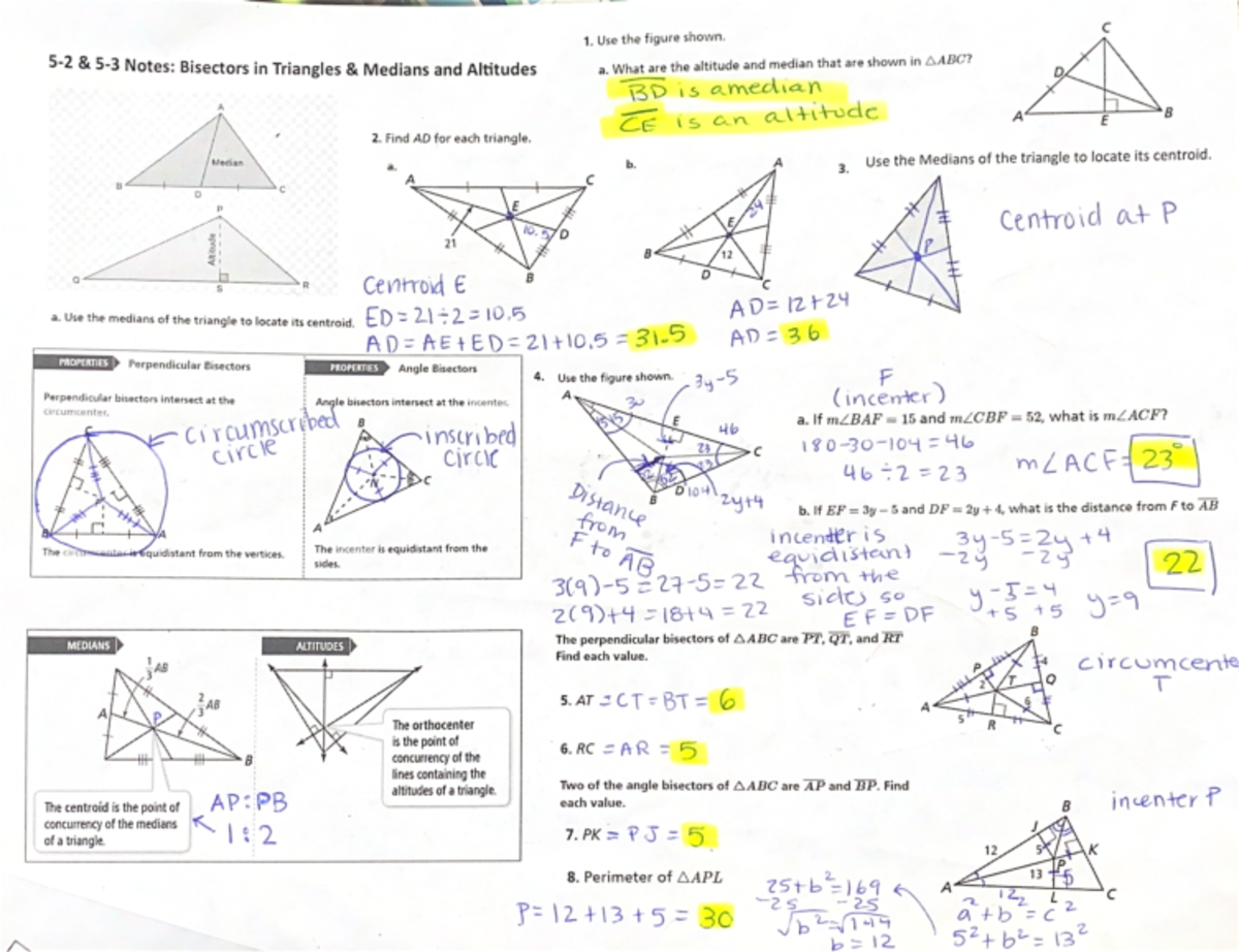 5-2 & 5-3 Notes Bisectors in Triangles & Medians and Altitudes - Studocu