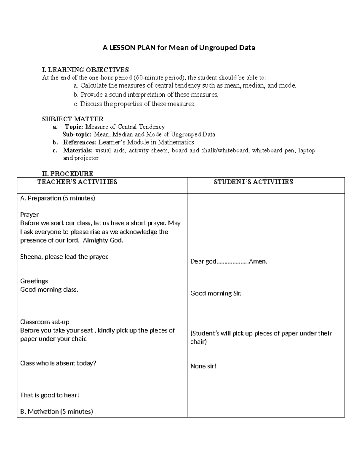 Lesson PLAN - A LESSON PLAN for Mean of Ungrouped Data I. LEARNING ...