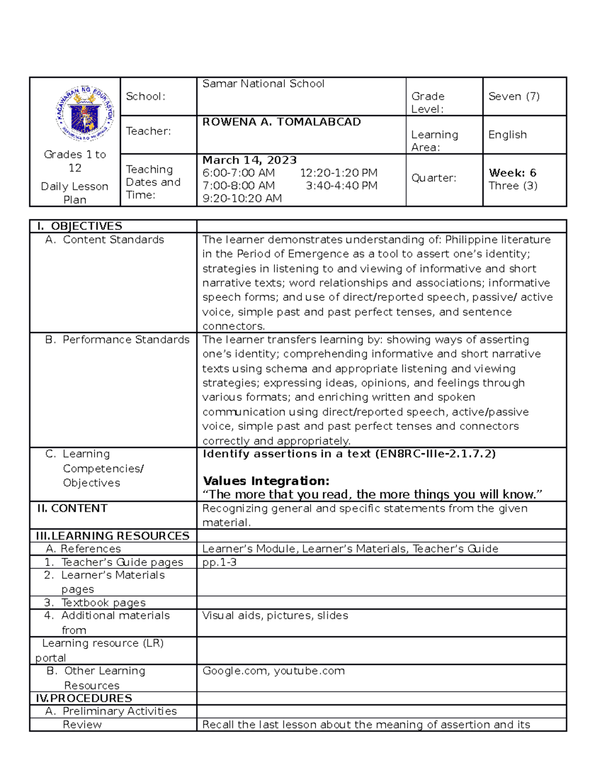 New-Lesson-Plan-March 14, 2023 - Grades 1 to 12 Daily Lesson Plan ...