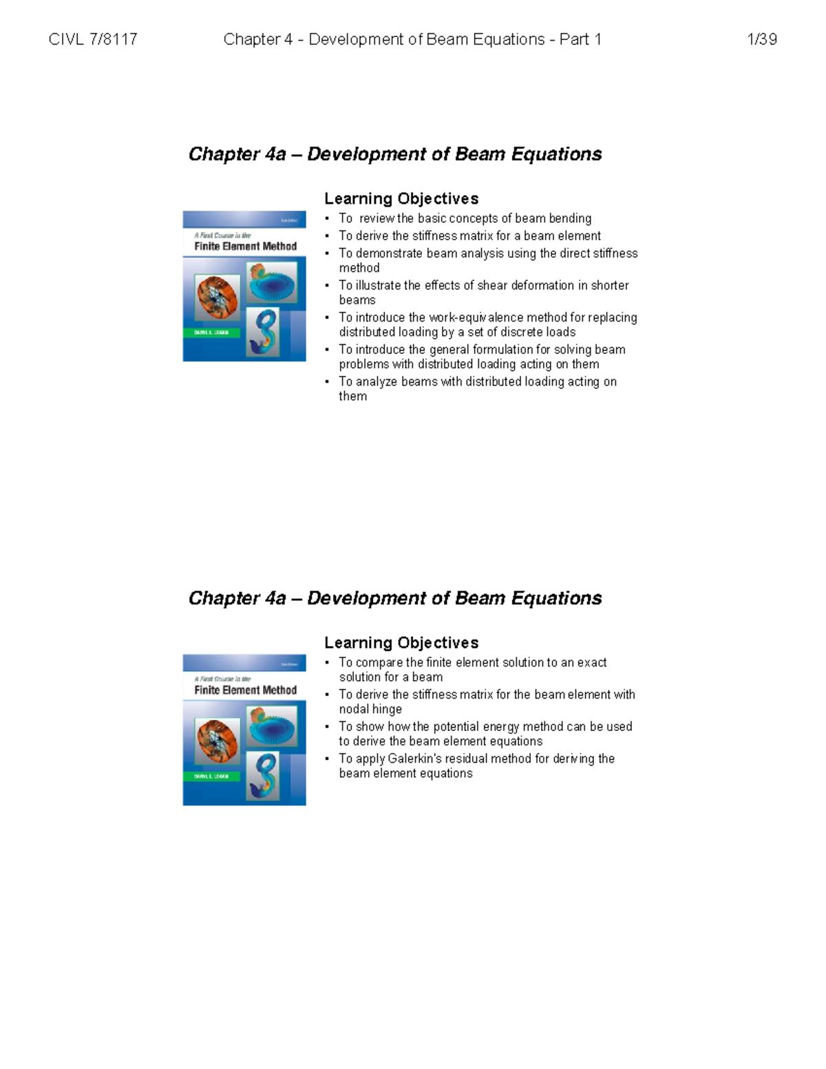 Stiffness 1 - Chapter 4a – Development of Beam Equations Learning Objectives To review the basic ...