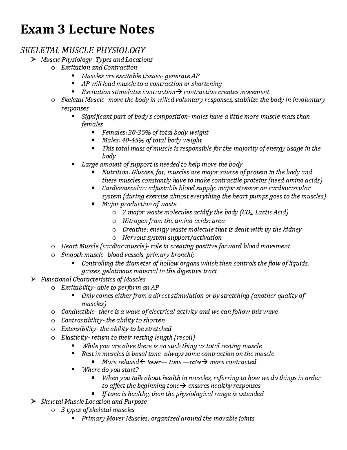 Physio exam 3 notes - Exam 3 Lecture Notes SKELETAL MUSCLE PHYSIOLOGY ...