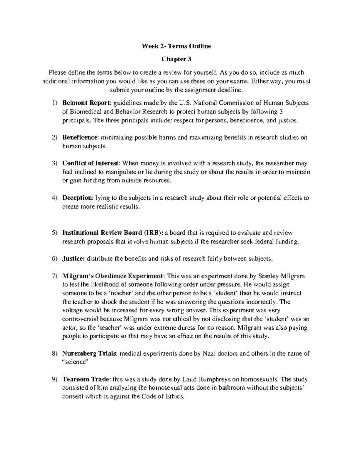 Week 2 Terms Outline - Week 2- Terms Outline Chapter 3 Please define ...