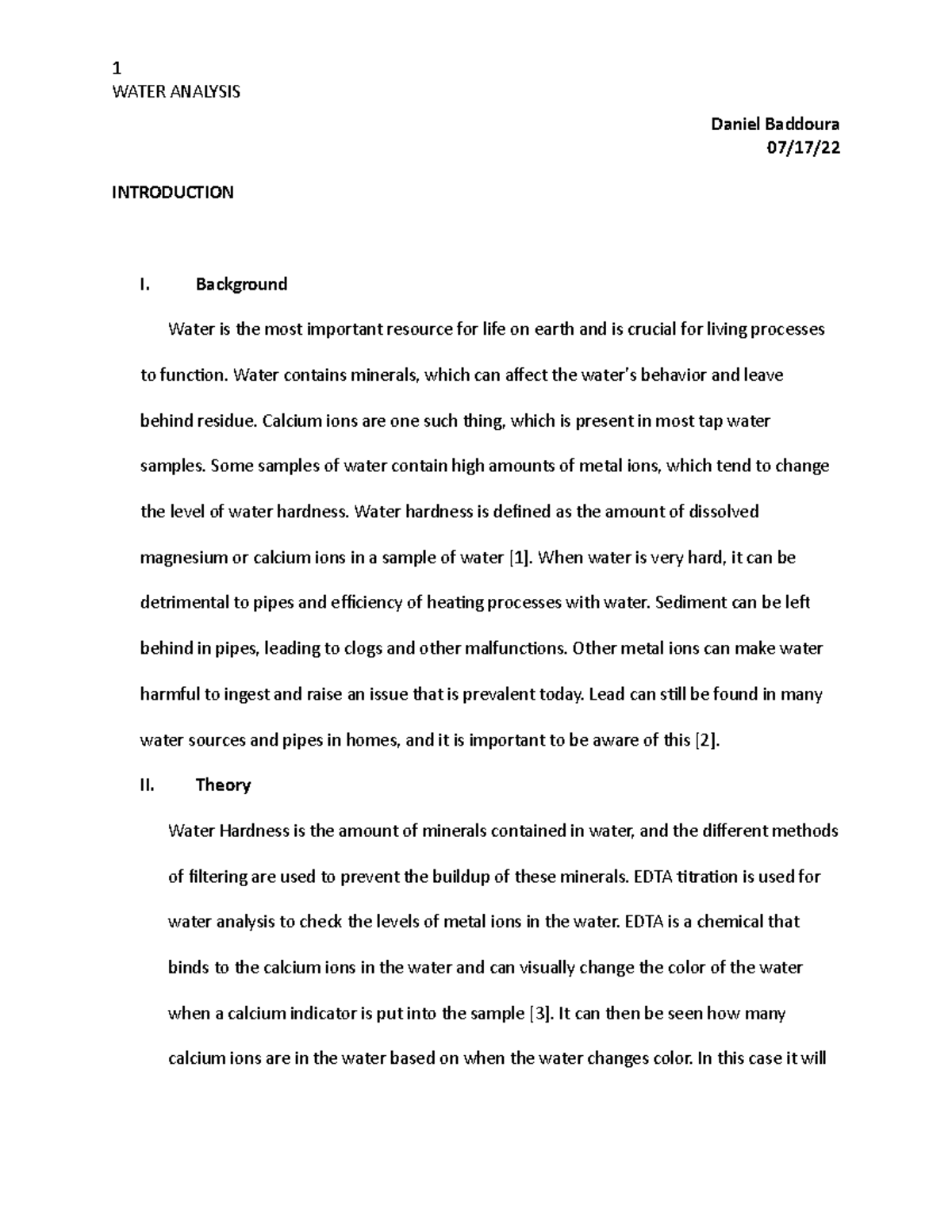 Water Analysis lab report - Daniel Baddoura07/17/ INTRODUCTION I ...