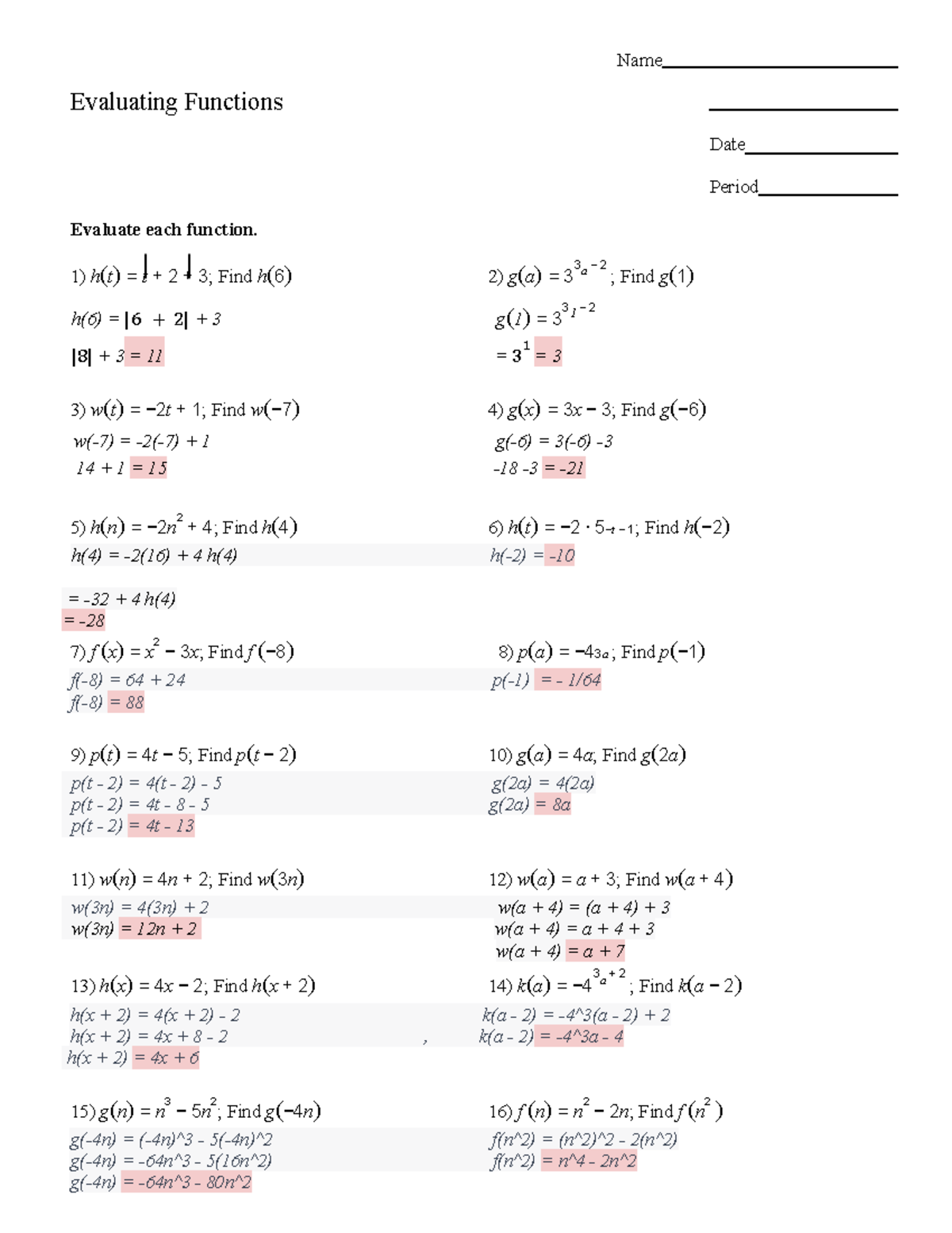 Worksheet 1 Dizon - , , , - Evaluating Functions Name Date Period ...