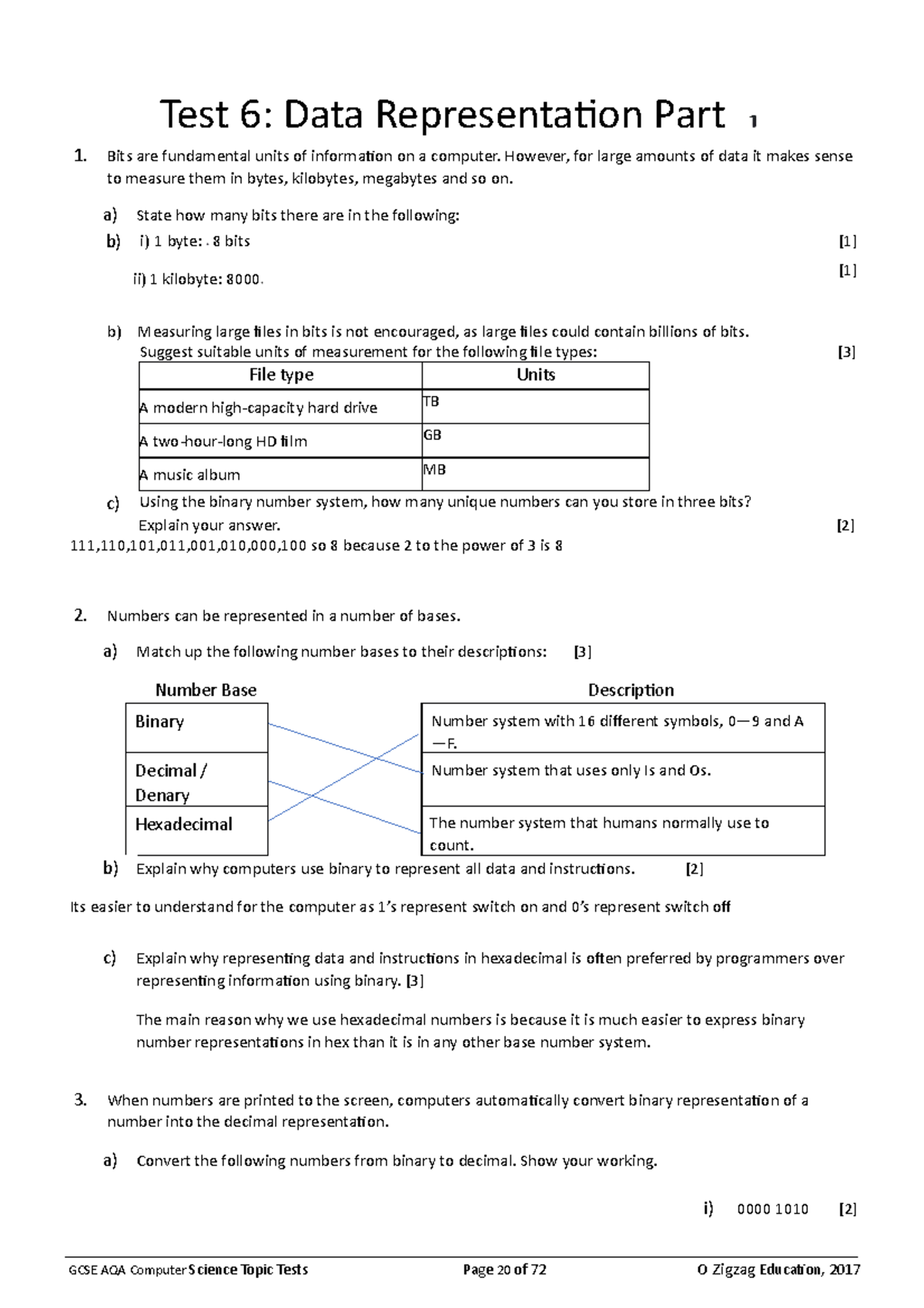 Worksheet 6 - work - Test 6: Data Representation Part 1. Bits are ...