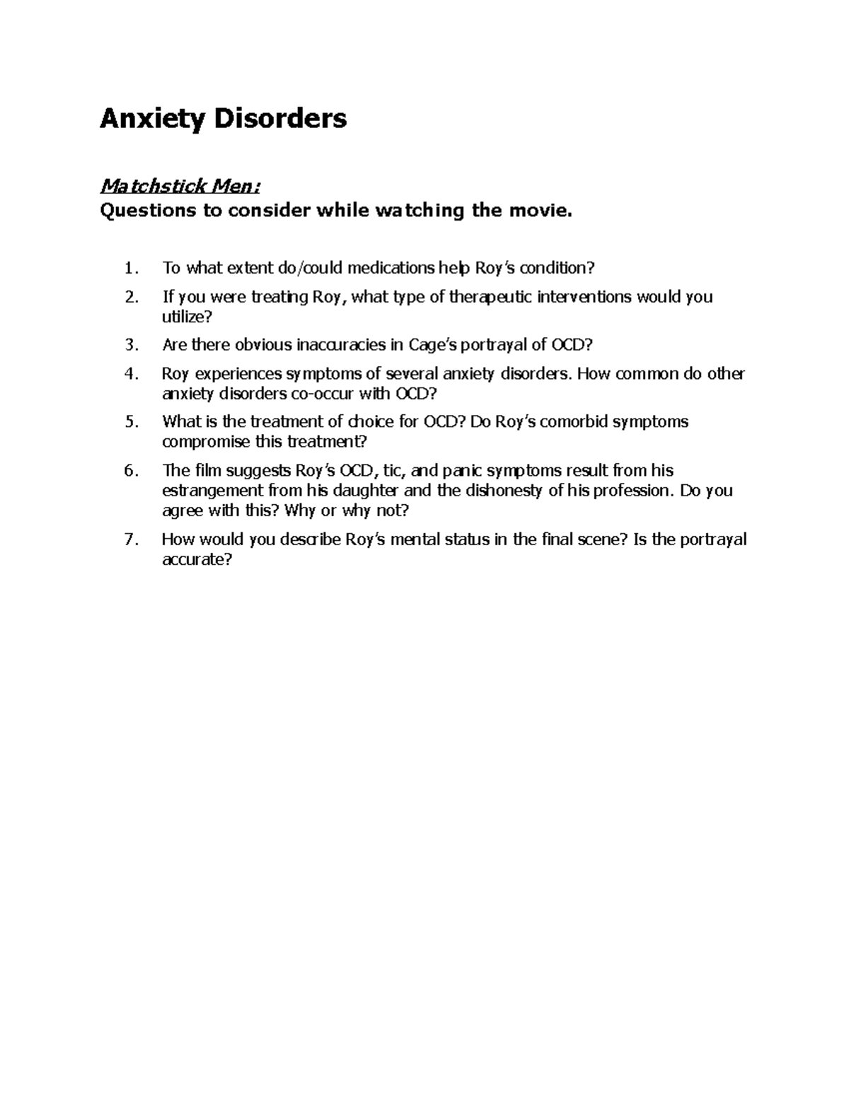 Matchstick Men Questions - Film Questions for Movie - Anxiety Disorders ...