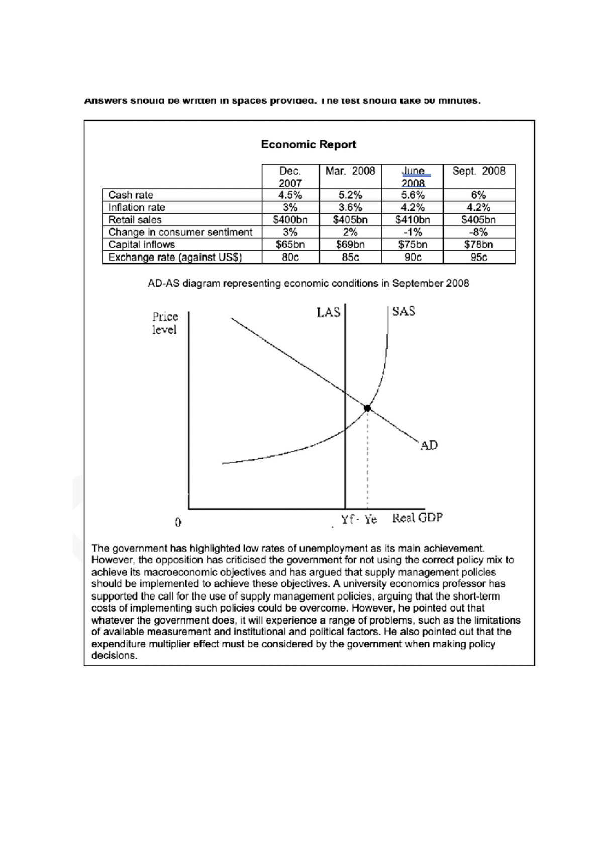 Econ Macro Test - Keep answers concise Point form Use the information ...