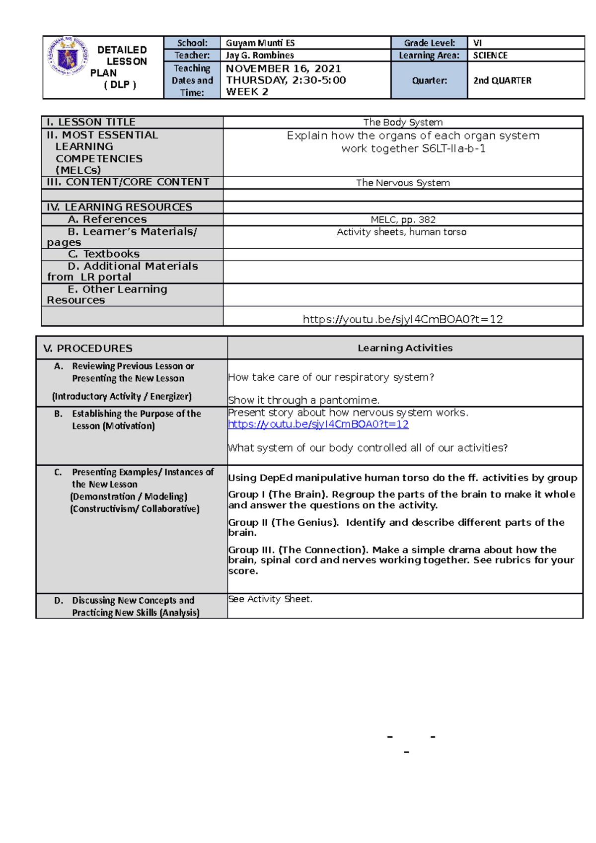 Science 6 Observation 1 - DETAILED LESSON PLAN ( DLP ) School: Guyam ...