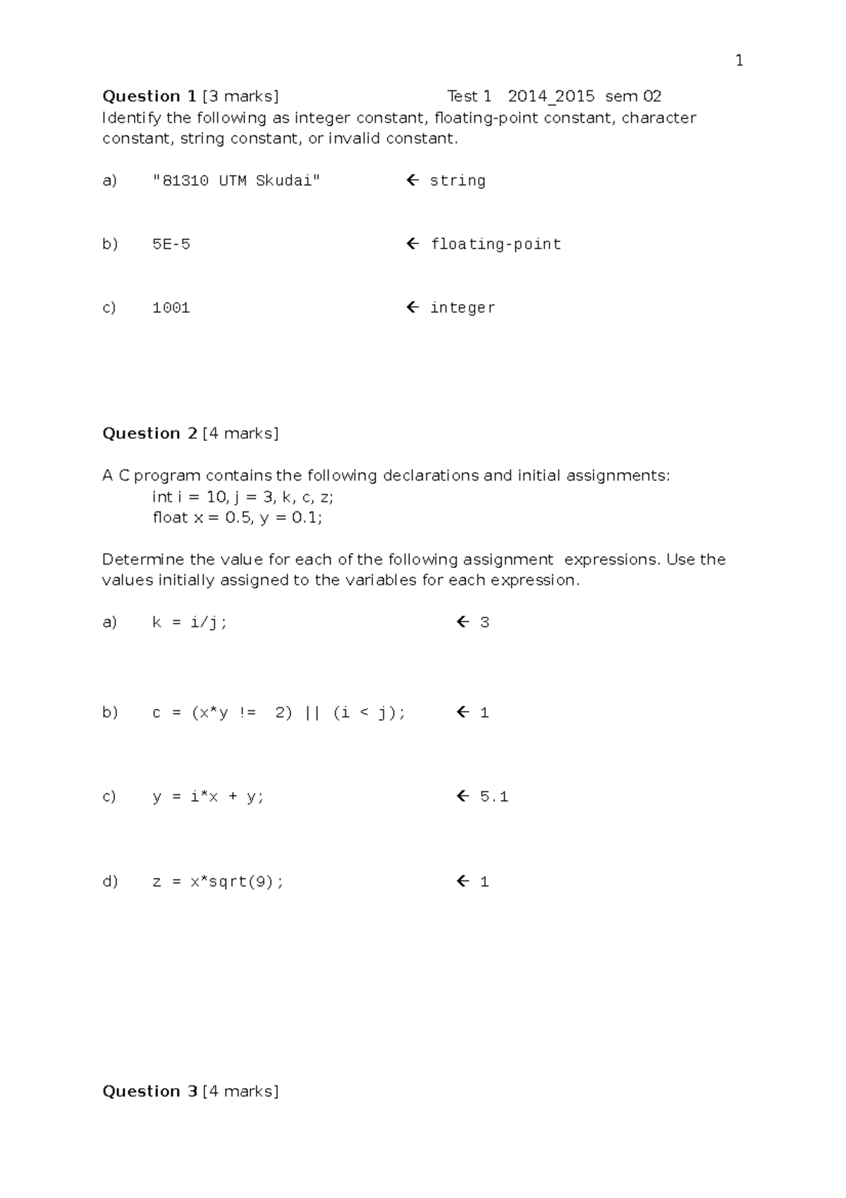 Test 1 Question and answers - Question 1 [3 marks] Test 1 2014_2015 sem ...