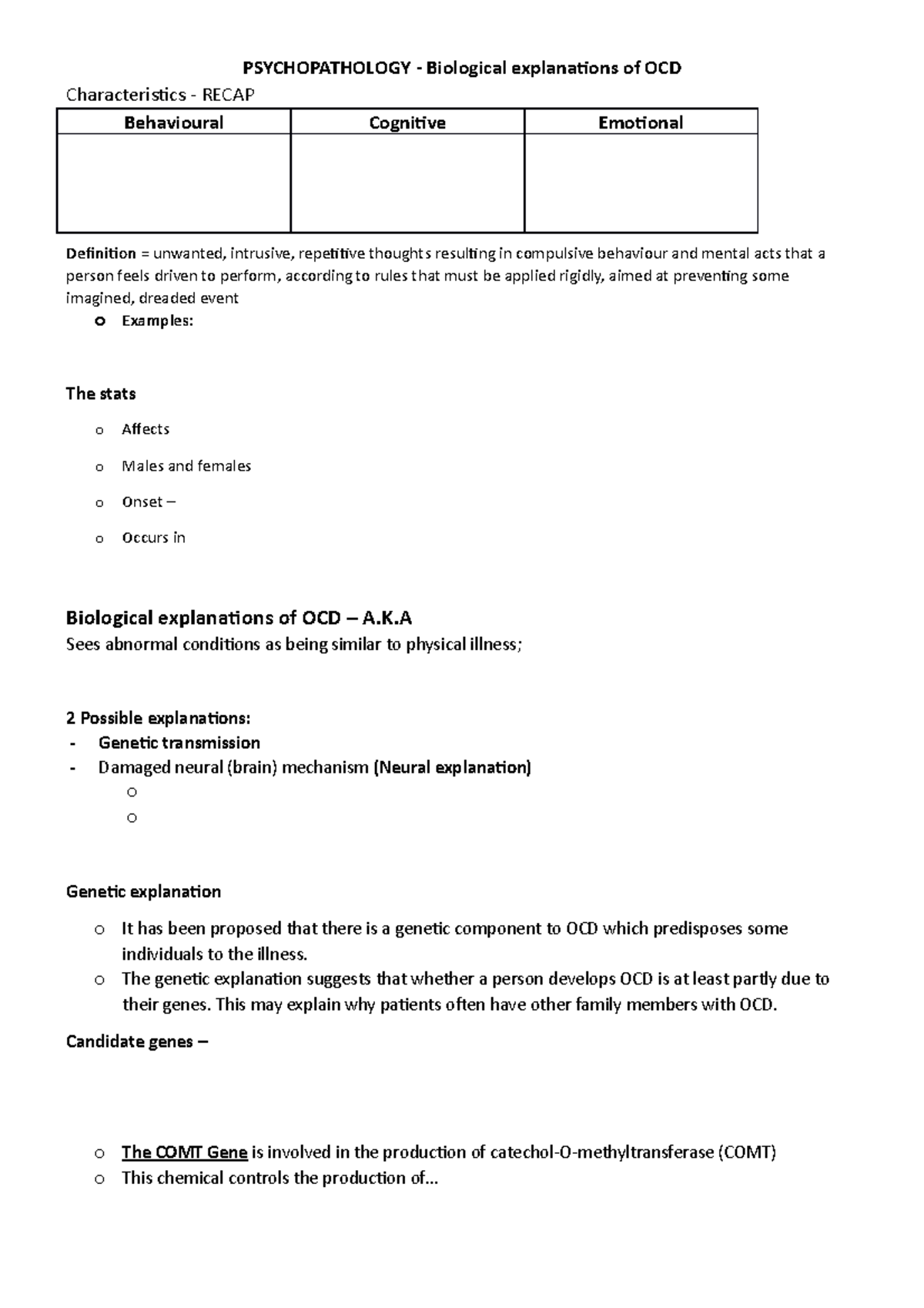Biological explanations of OCD handout - PSYCHOPATHOLOGY - Biological ...