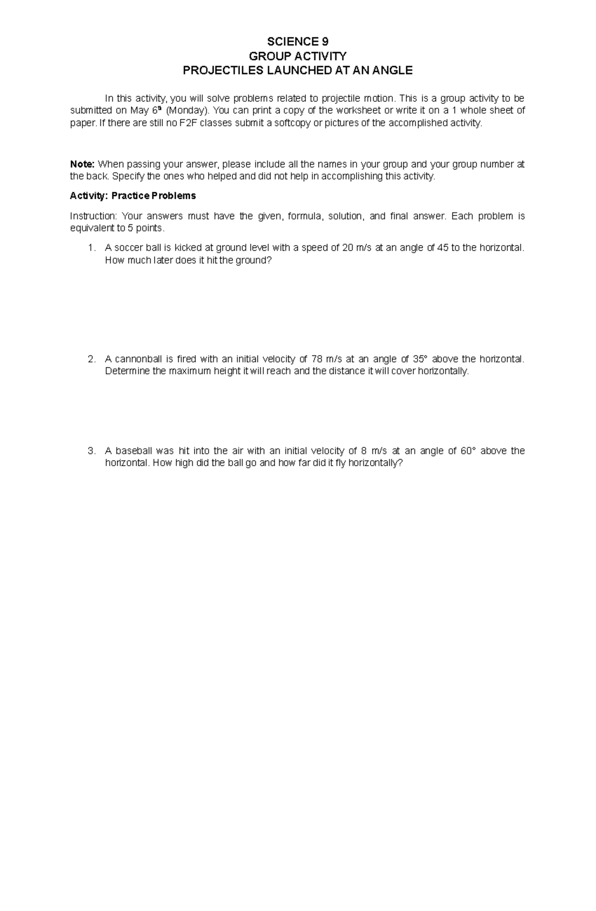 Projectiles Launched at an Angle - Practice Problems - SCIENCE 9 GROUP ...