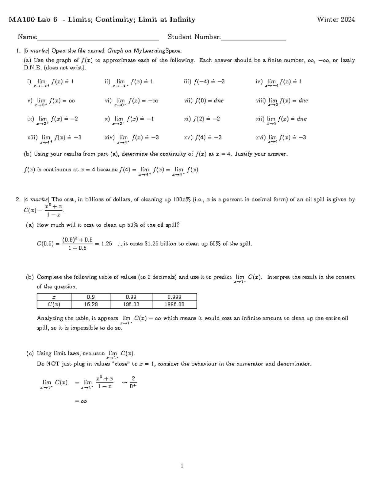 WLU Ma100Lab6Soln - ma100 lab solutions - MA100 Lab 6 - Limits; Continuity; Limit at Infinity ...