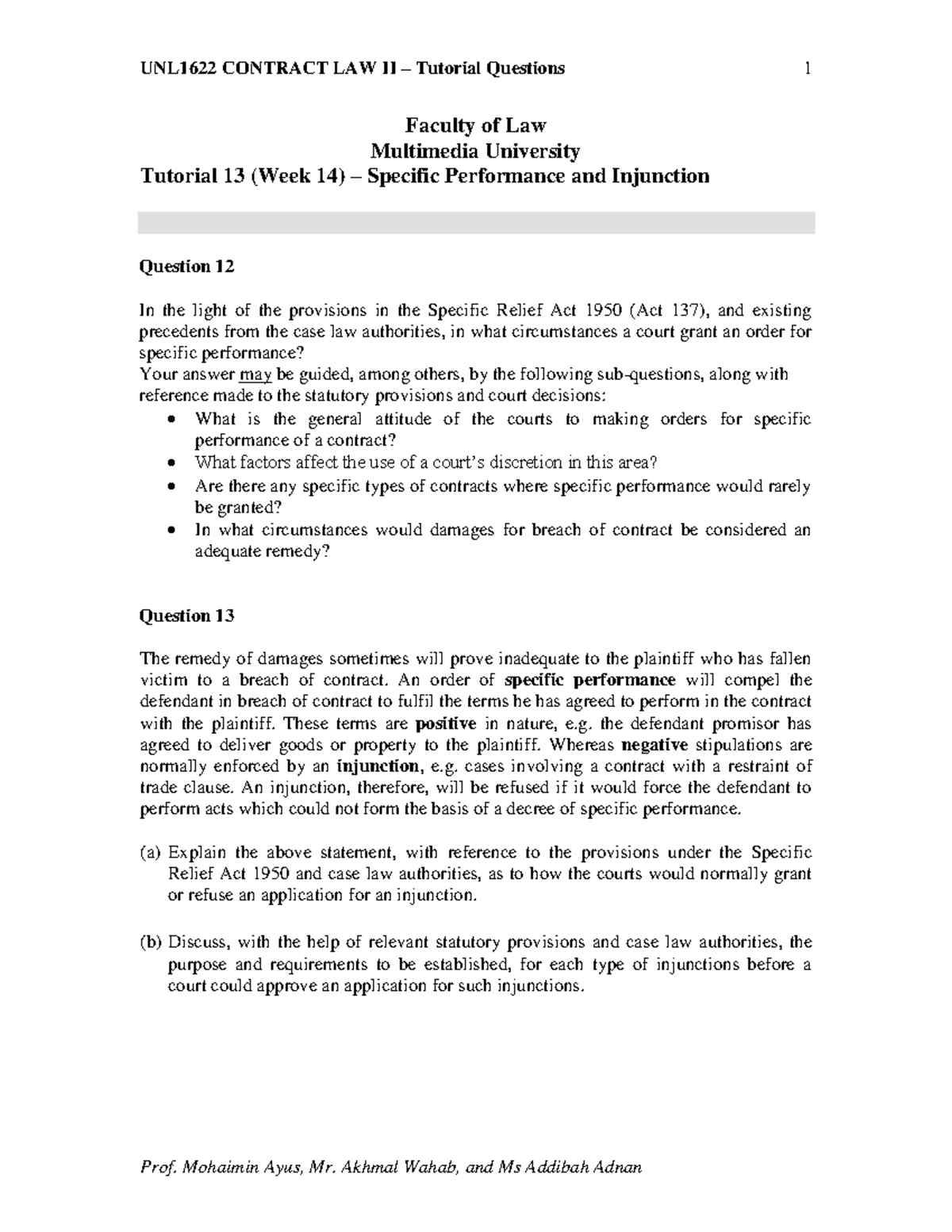 2022 Contract II - Tutorial 13 (Week 14) - UNL1622 CONTRACT LAW II ...