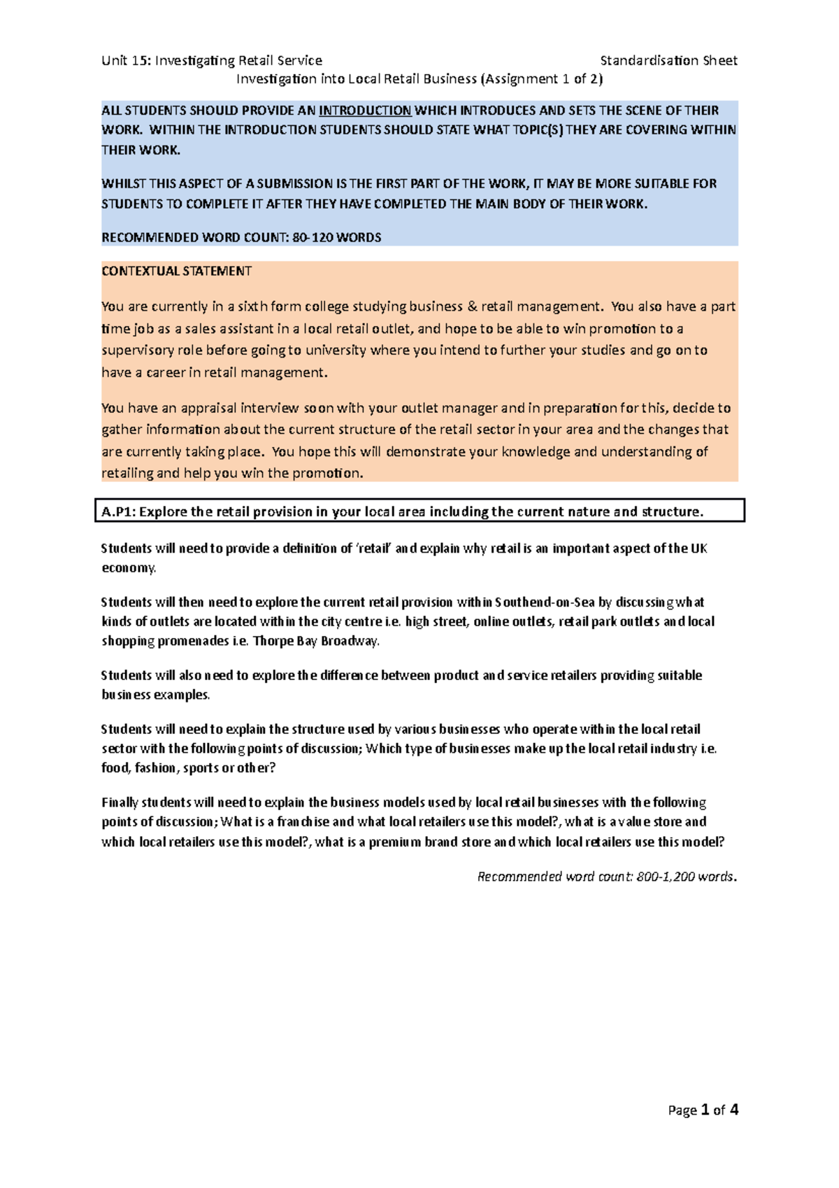 U15 A1 of 2 Standardisation Sheet - Investigation into Local Retail ...