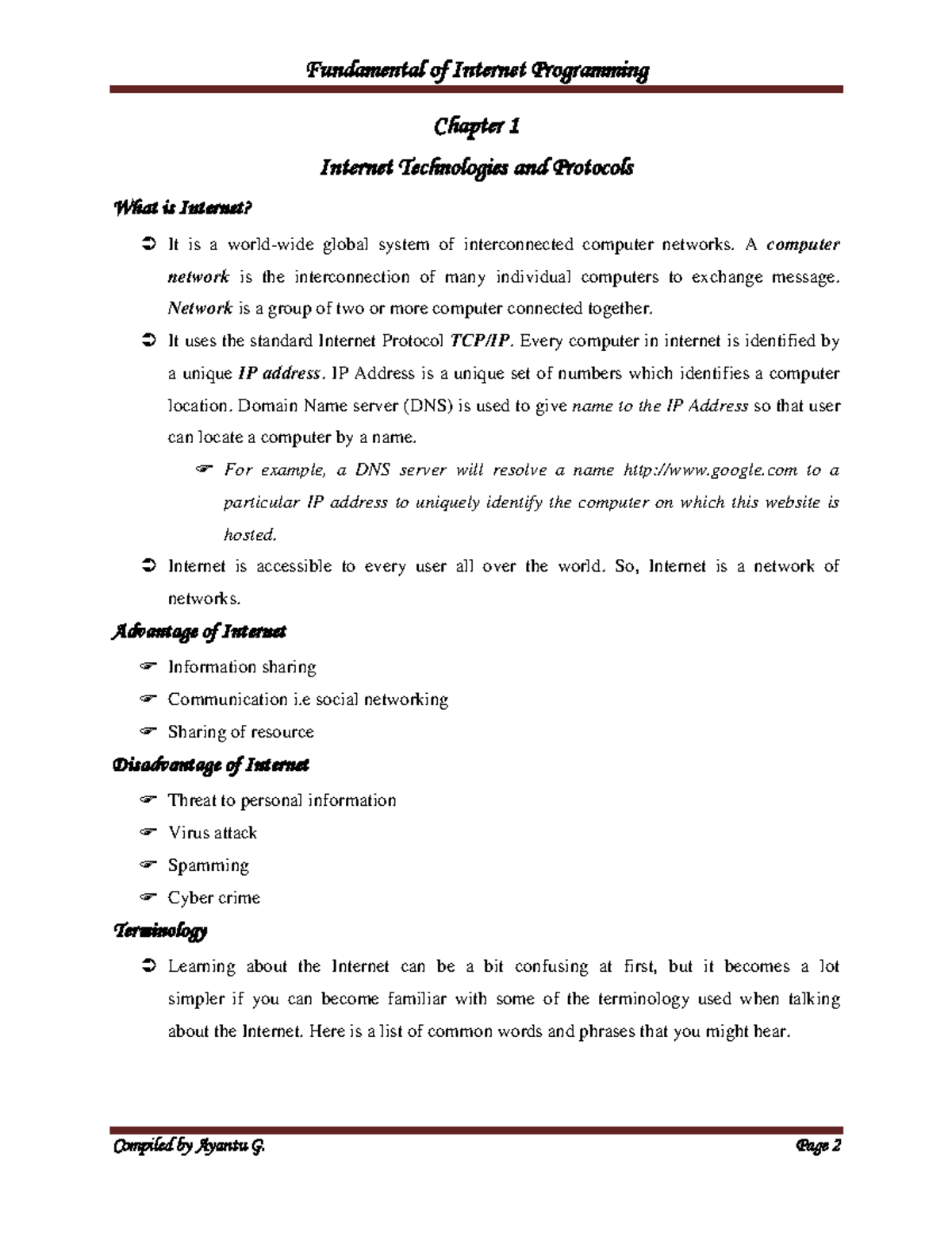 Fundamentals of Internet Programming all in One Handout - Chapter 1 Internet Technologies and ...