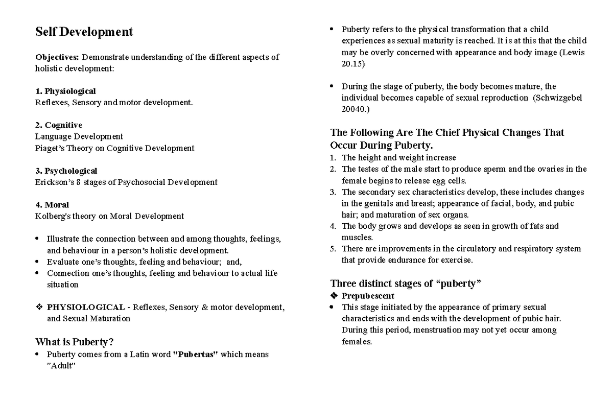 Self Development - Self Development Objectives: Demonstrate ...