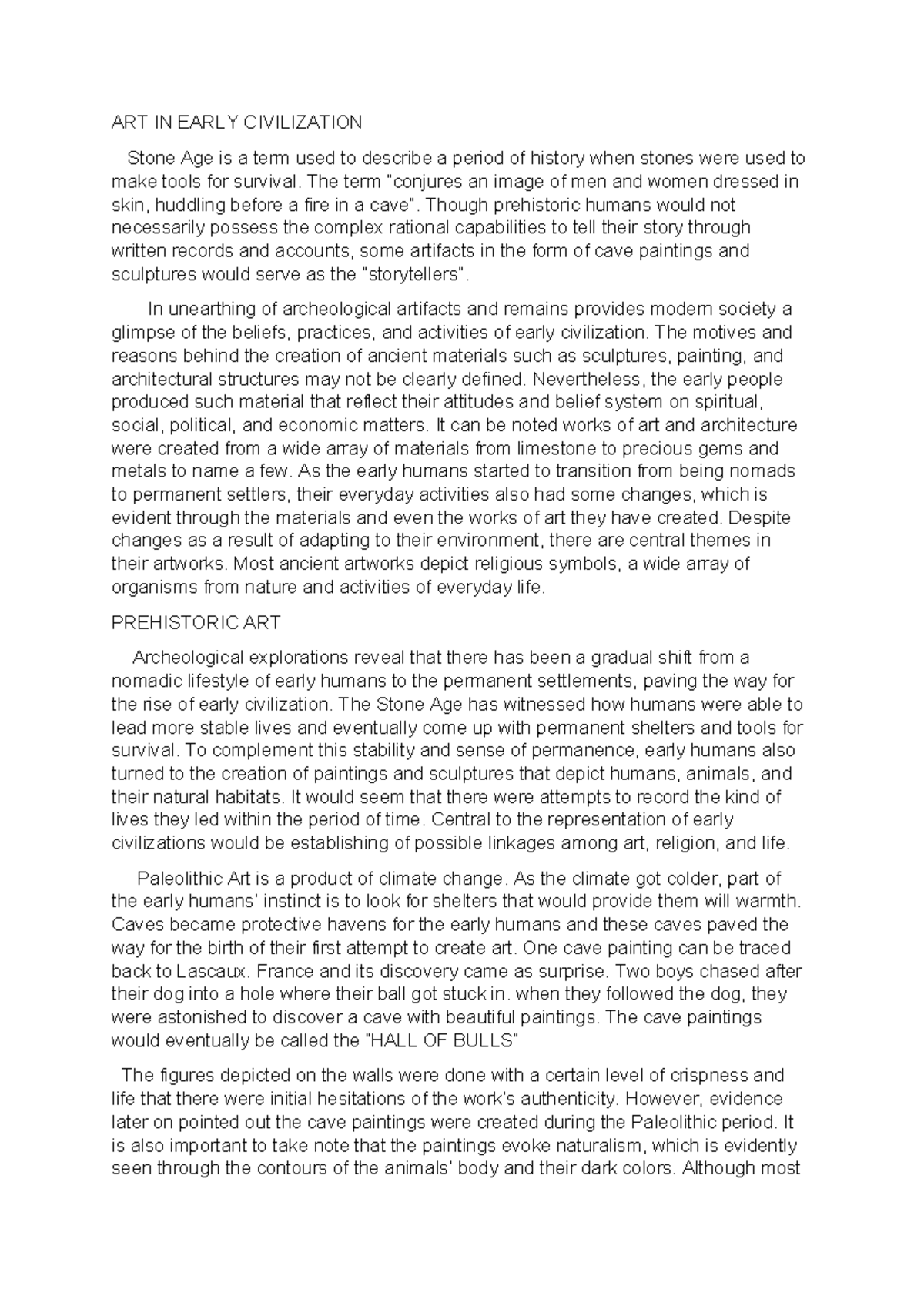 ART IN Early Civilization - ART IN EARLY CIVILIZATION Stone Age is a ...