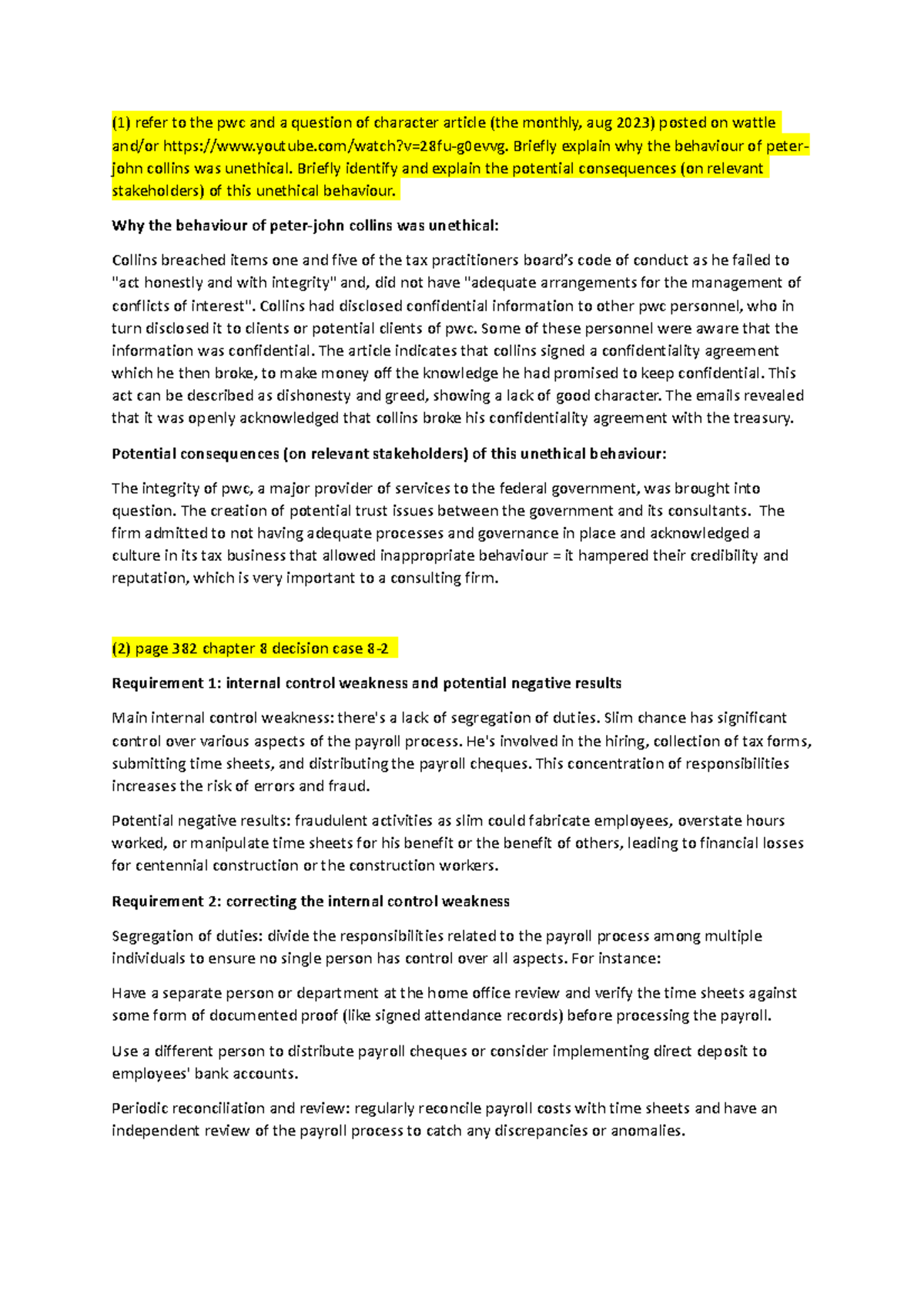 Tutorial week 7 - (1) refer to the pwc and a question of character ...