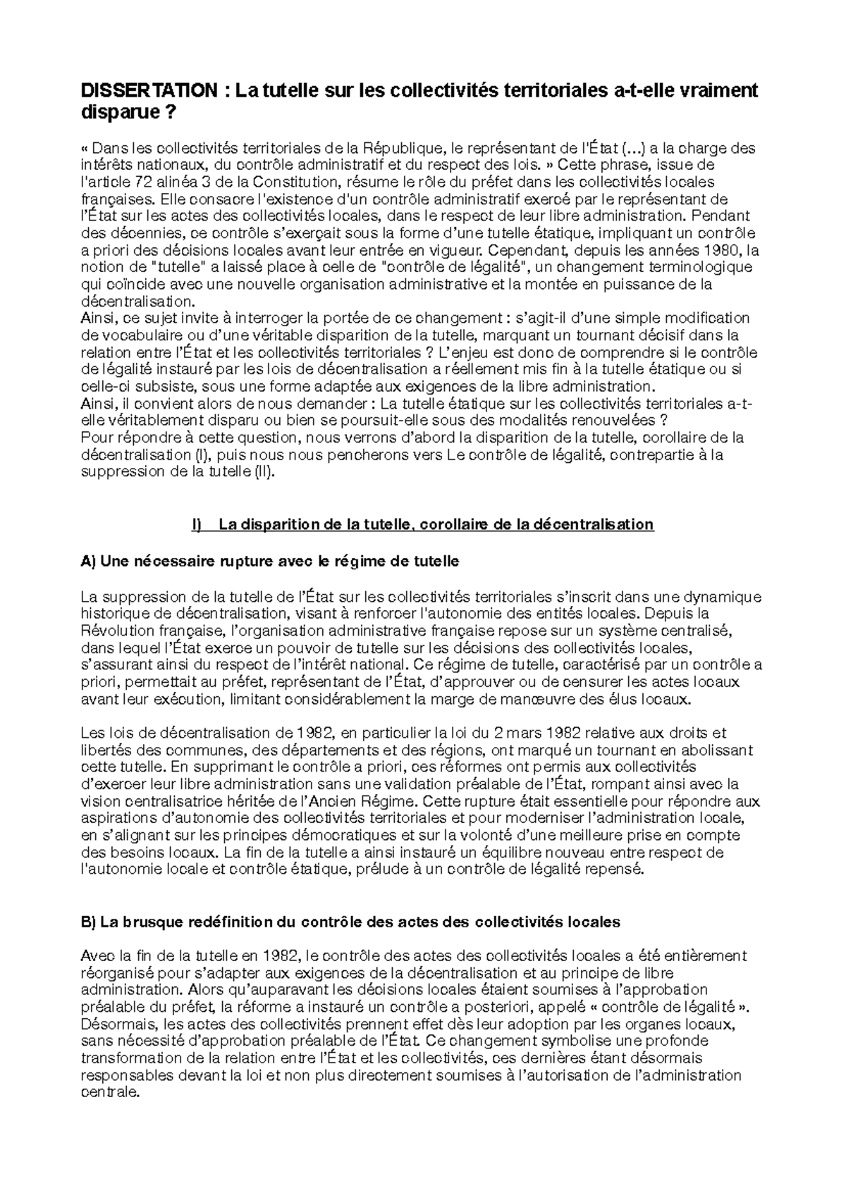 TD 7 Admin - DISSERTATION : La tutelle sur les collectivités territoriales a-t-elle vraiment ...